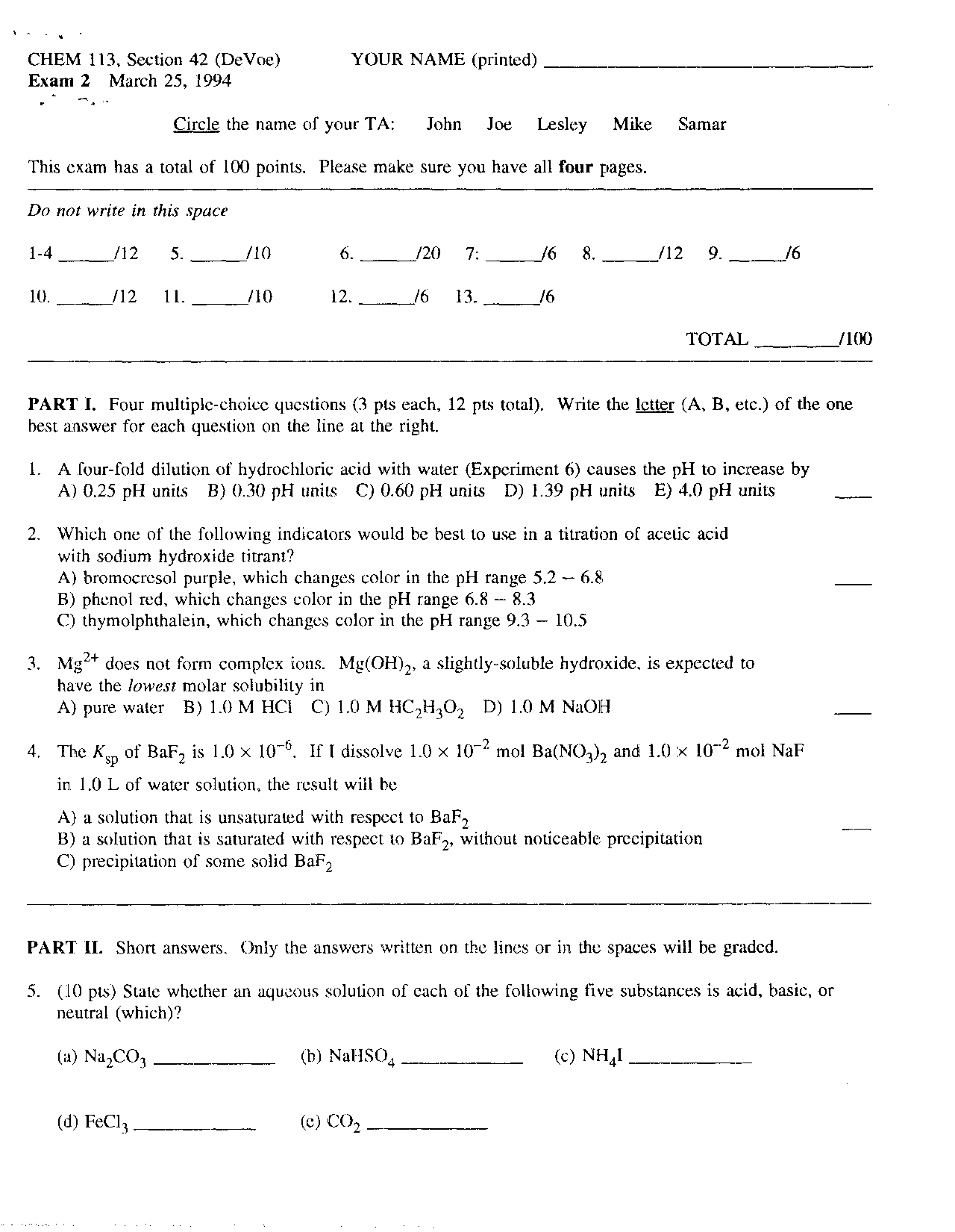 13 Questions in Past Exam Paper of Organic Chemistry | CHEM 113 - Docsity