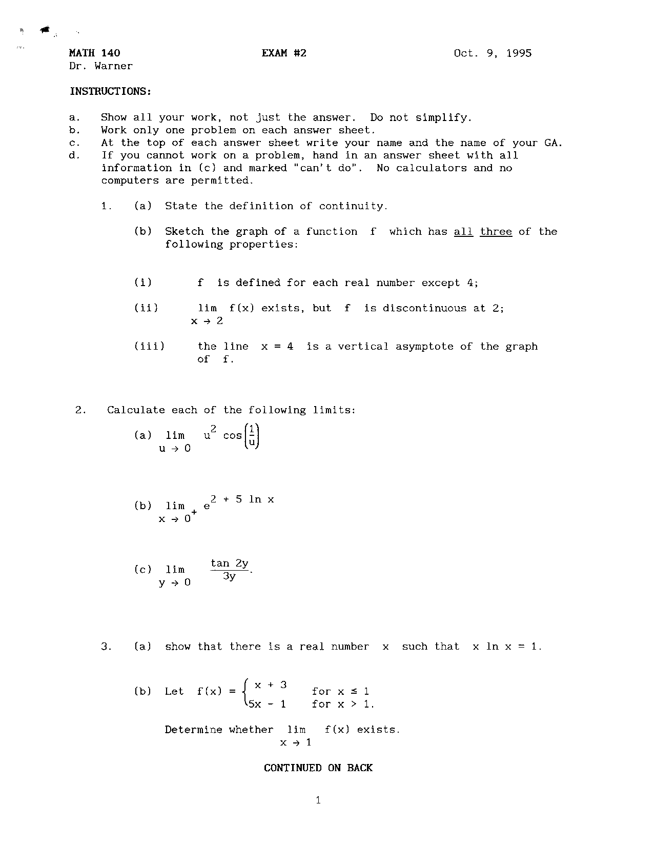 Calculus I - Old Exam 2 Questions - Fall 1995 | MATH 140 - Docsity