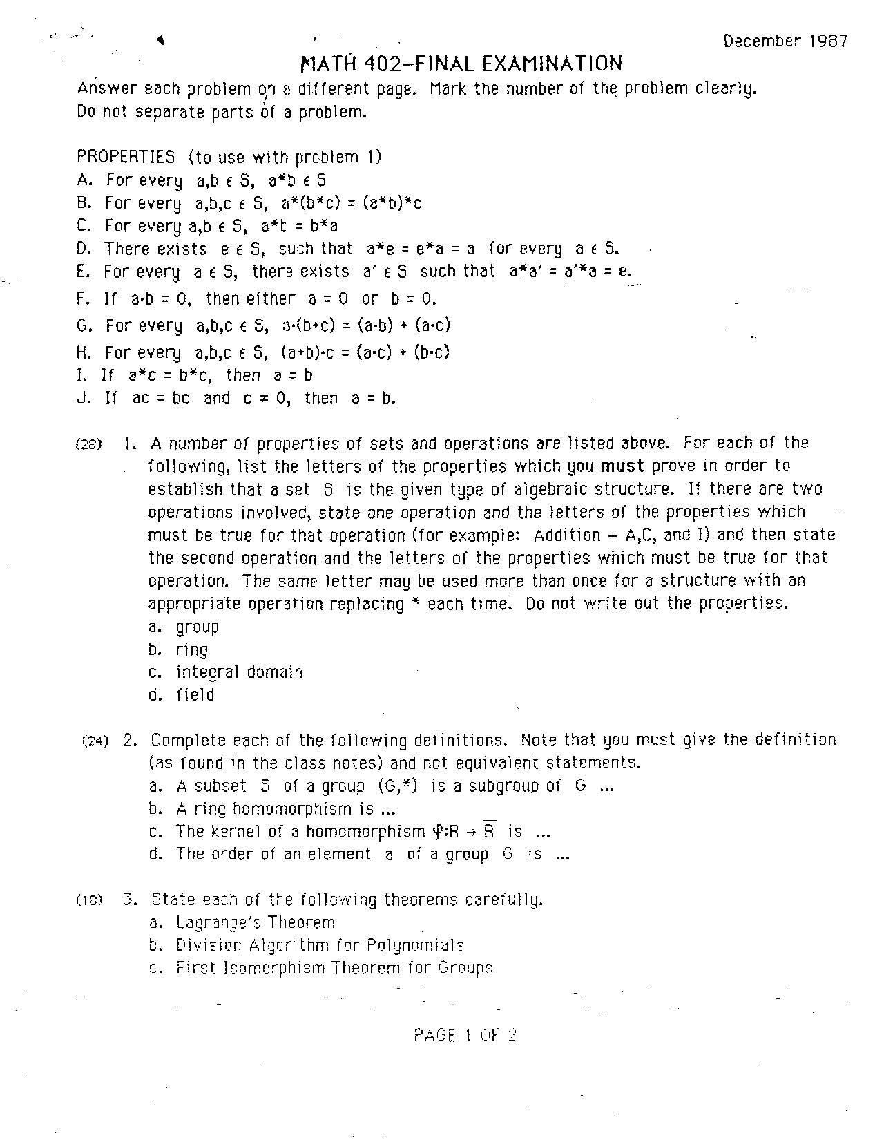 Final Examination Questions Algebraic Structures Fall 1987 Math