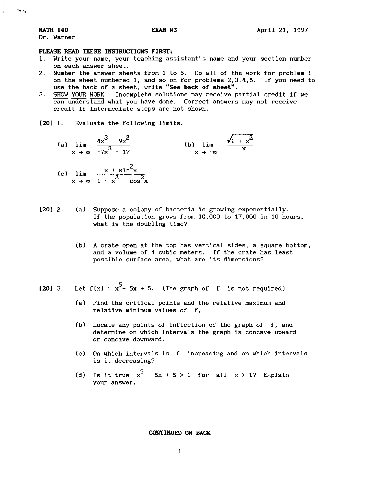 Final Exam 3 Calculus I 1997 Math 140 Docsity