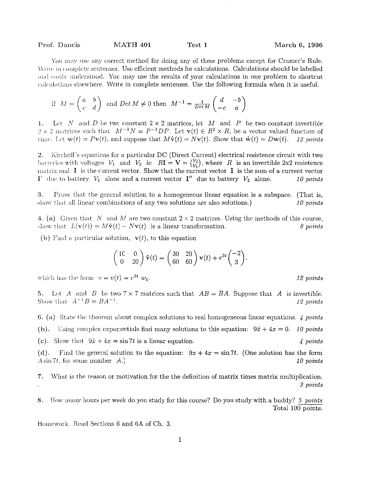 Test 1 Questions Linear Algebra And Its Applications Math 401 Docsity