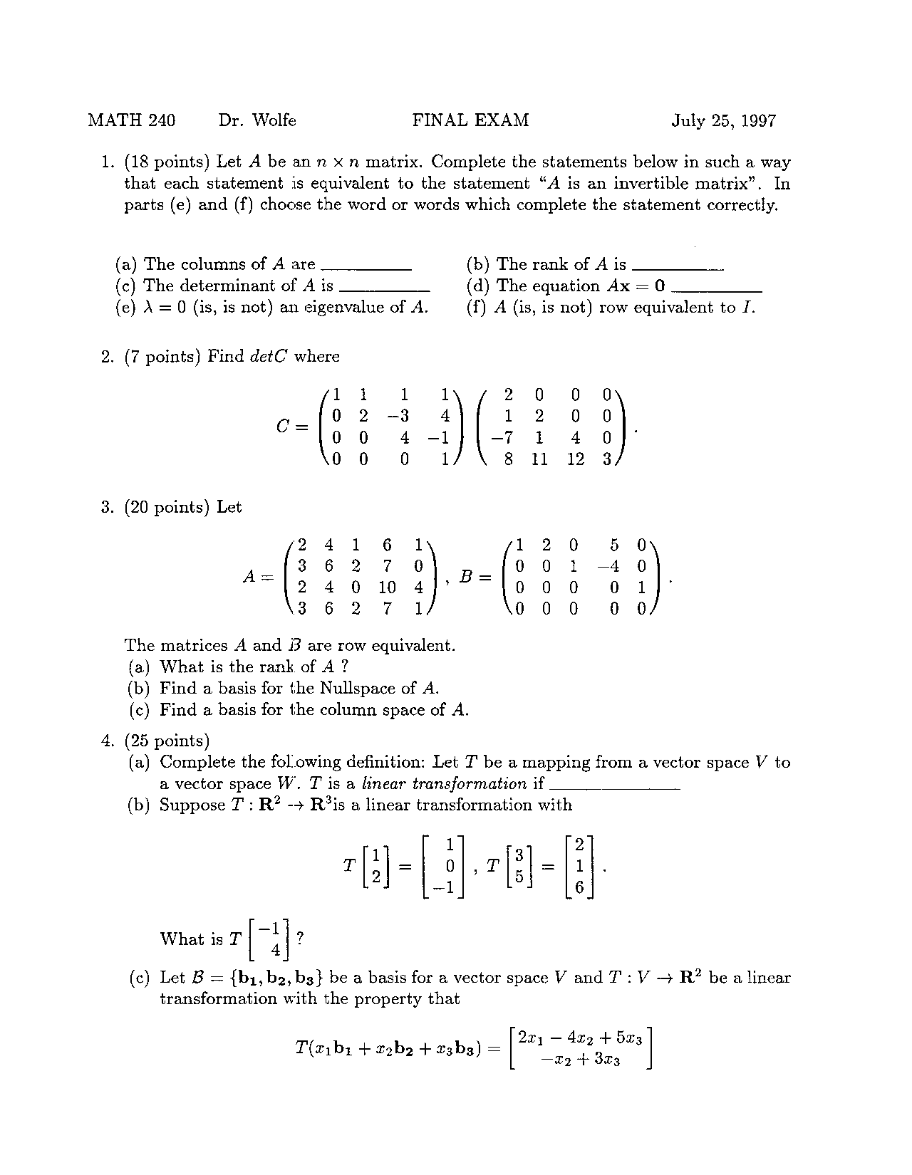Final Exam Introduction Linear Algebra Math 240 Docsity