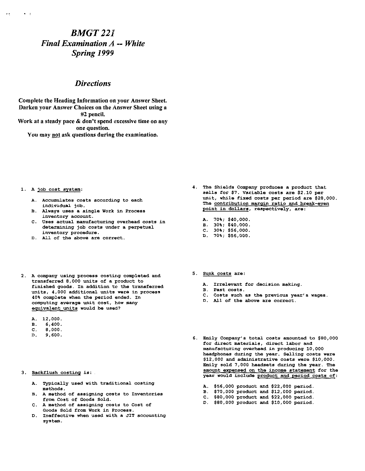 Final Exam A With Answer Key Principles Of Accounting Ii Bmgt 221 Docsity