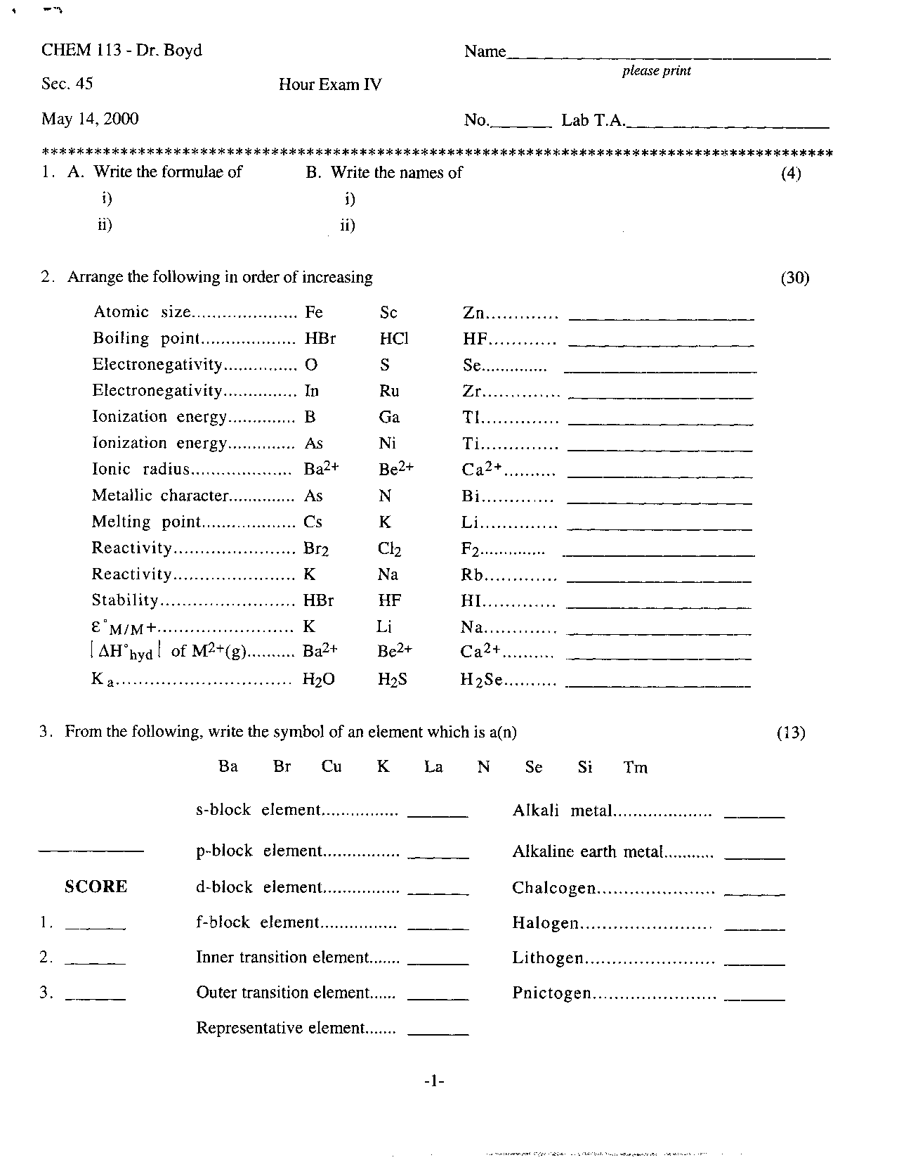 Fundamentals of Chemistry II - Exam IV Questions | CHEM 271 - Docsity