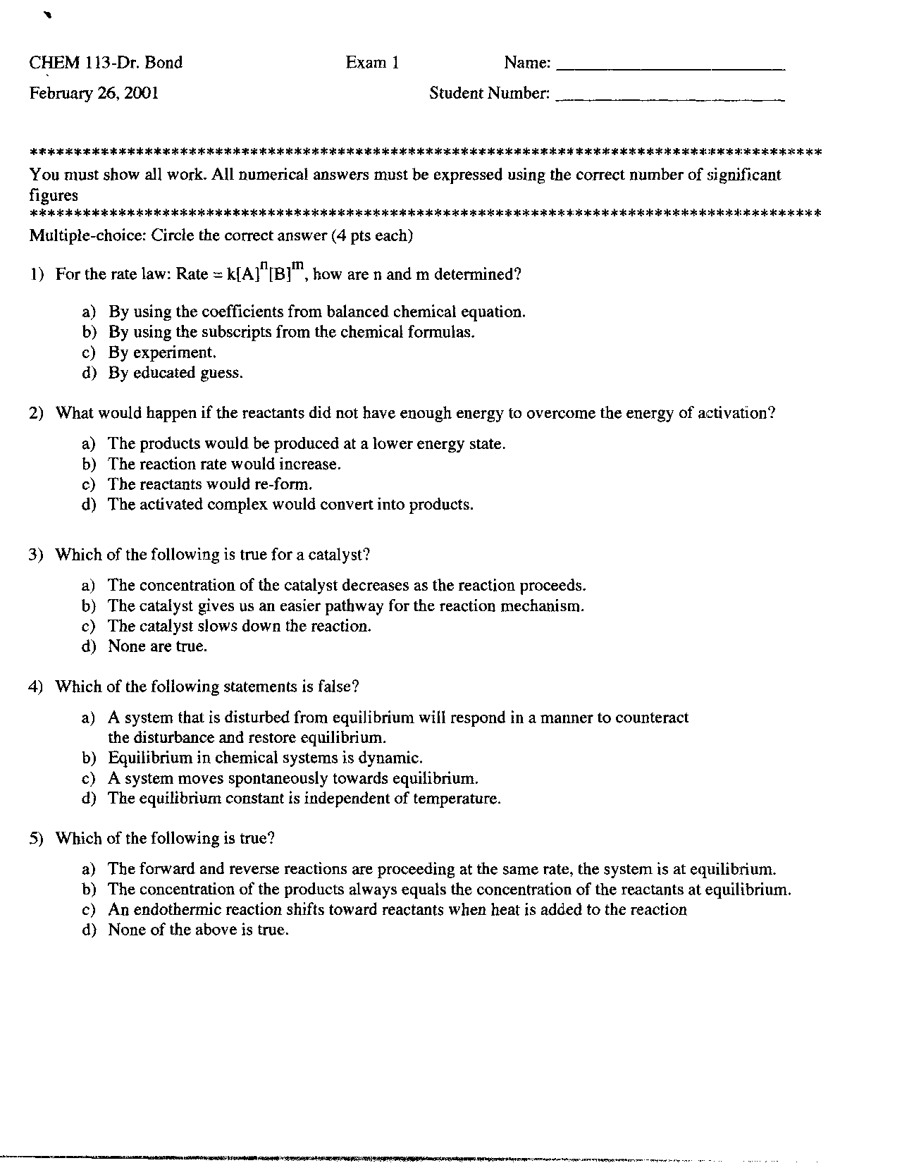 14 Questions of Fundamentals of Chemistry I - Exam 1 | CHEM 271 - Docsity