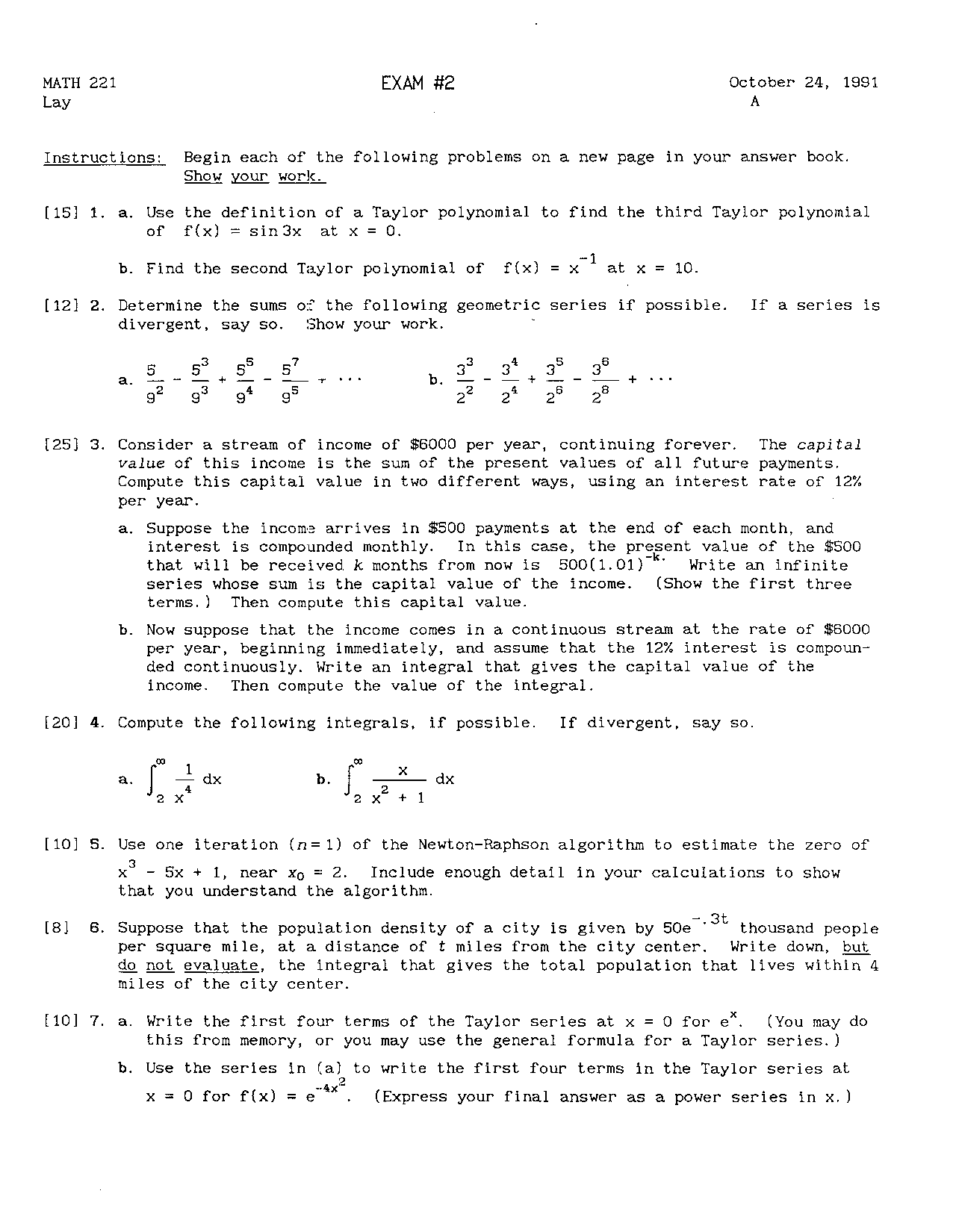 Exam #2 Questions - Elementary Calculus I | MATH 221 | Exams Calculus ...