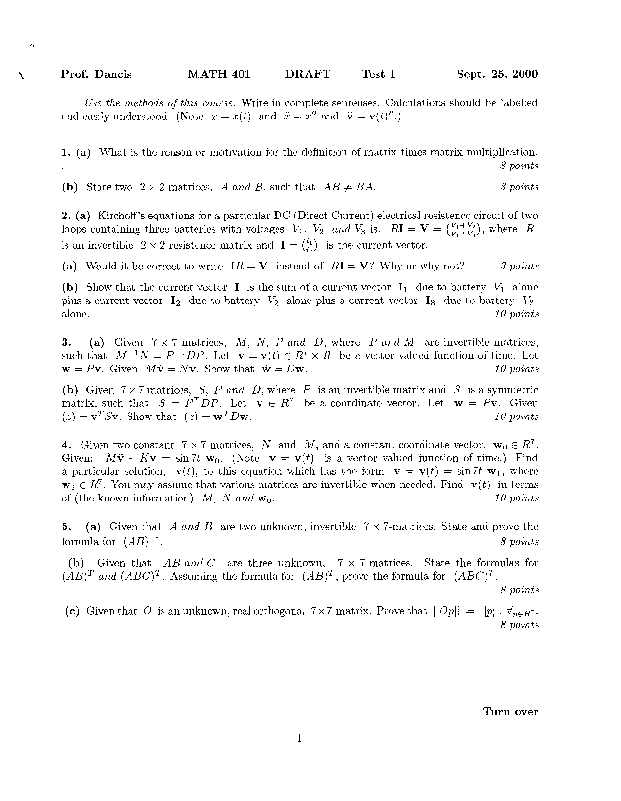 8 Problems Test 1 Applications Of Linear Algebra Math 401 Docsity
