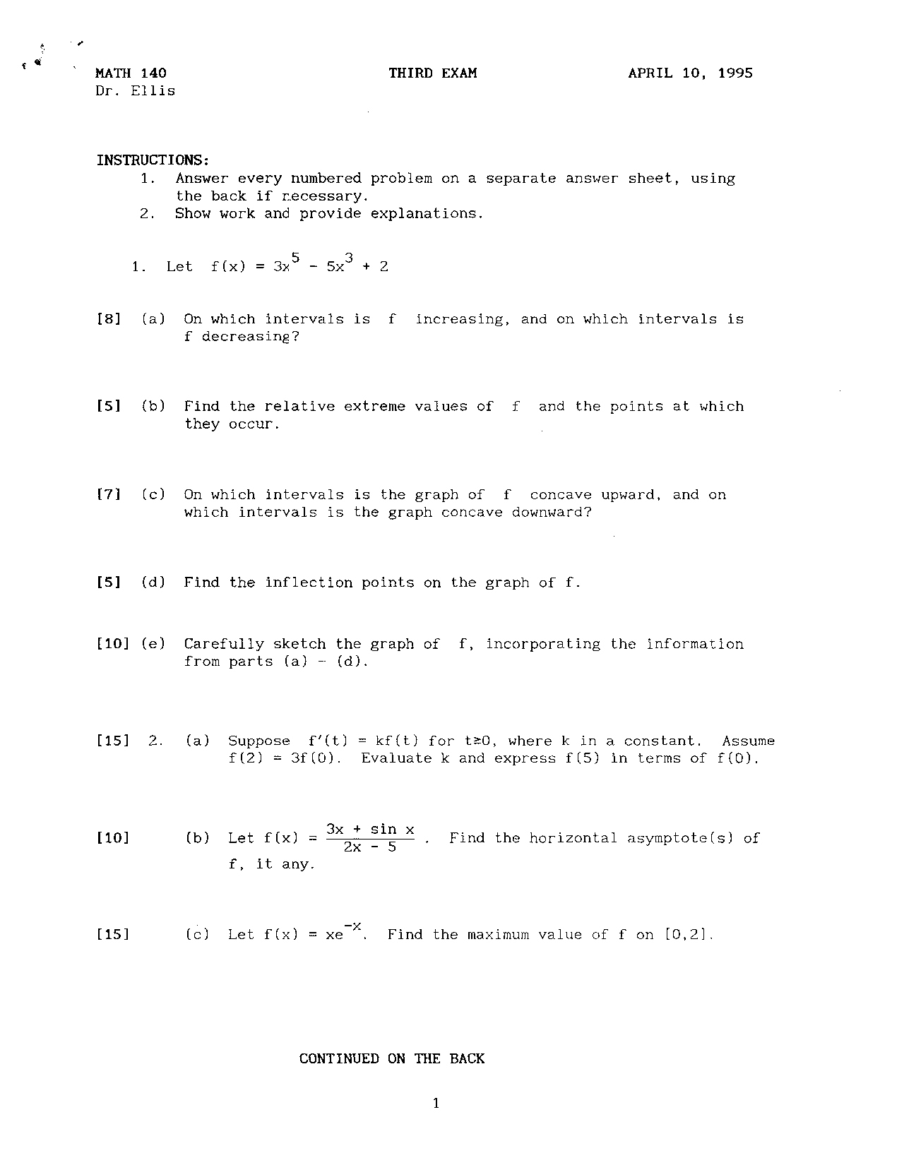 5 Questions in Exam 3 | Calculus I | MATH 140 - Docsity