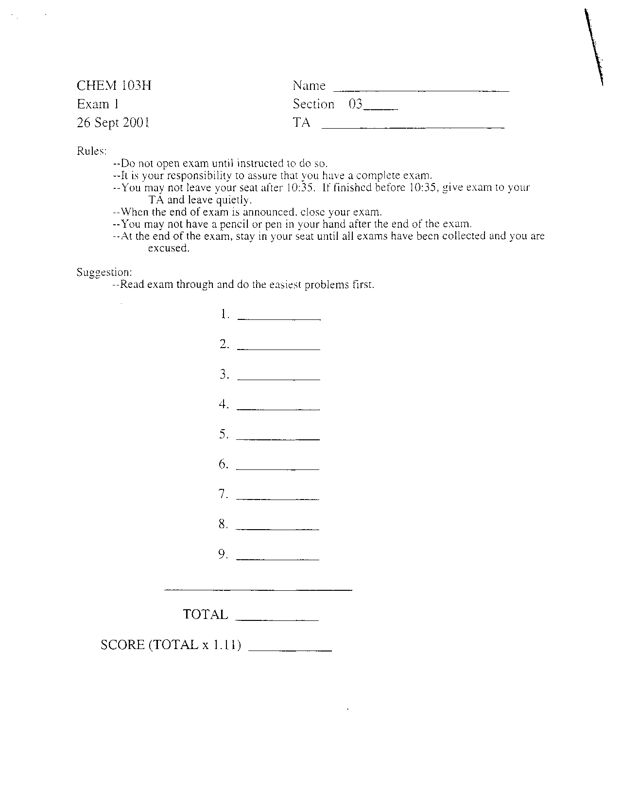 9 Problems On Fundamentals Chemistry I Examination 1 Chem 131 Docsity