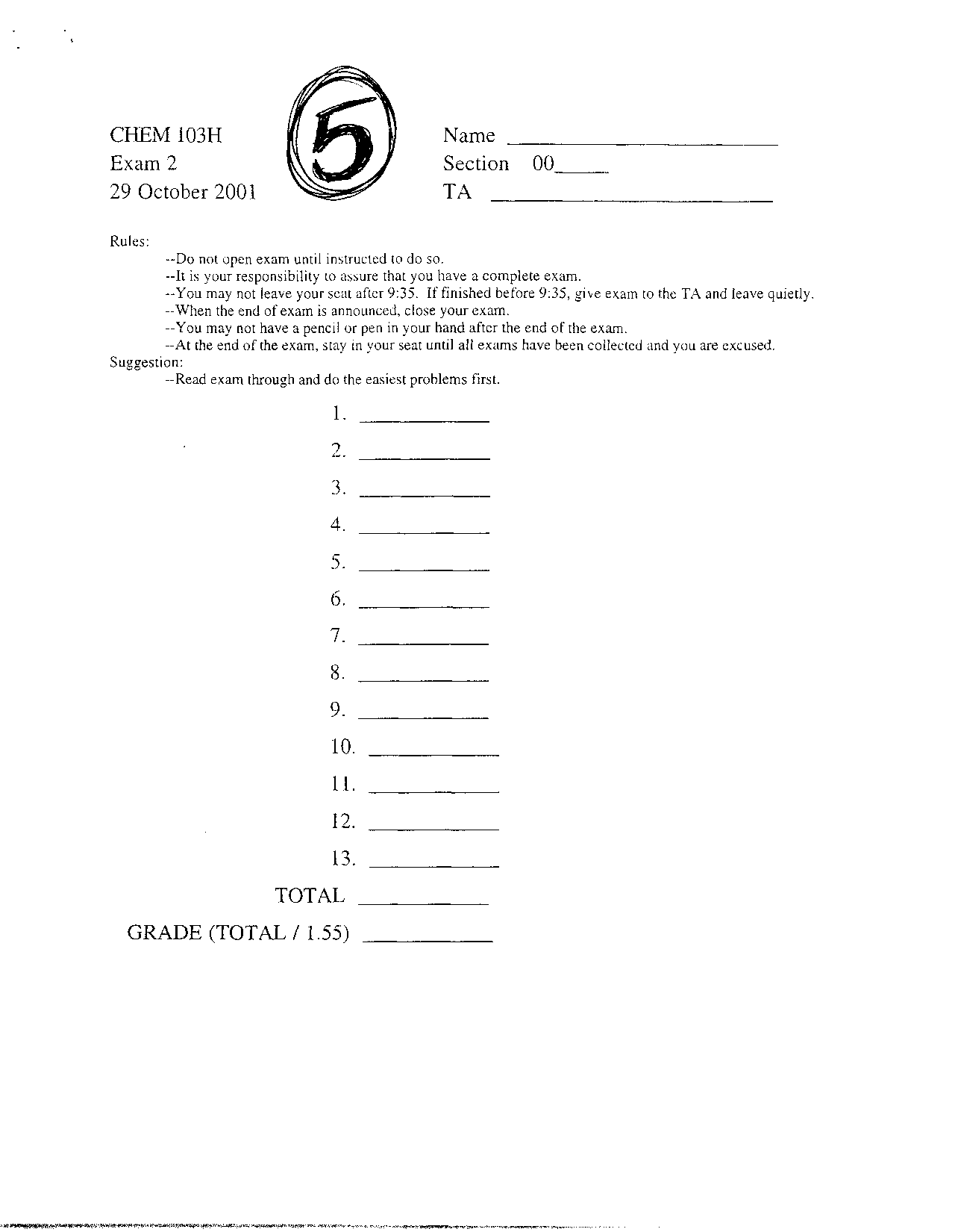 13 Questions In Exam 2 Chemistry Fundamentals 2001 Chem 131 Docsity