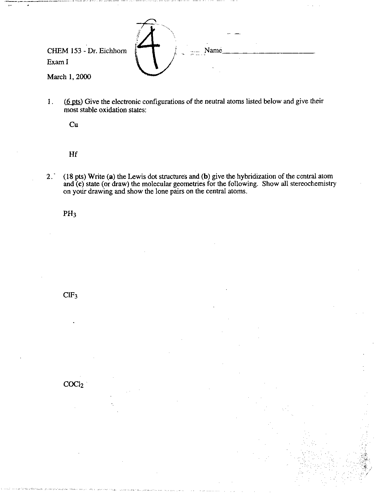 Chemistry Exam I - March 1, 2000 - Prof. Bryan W. Eichhorn | Exams ...