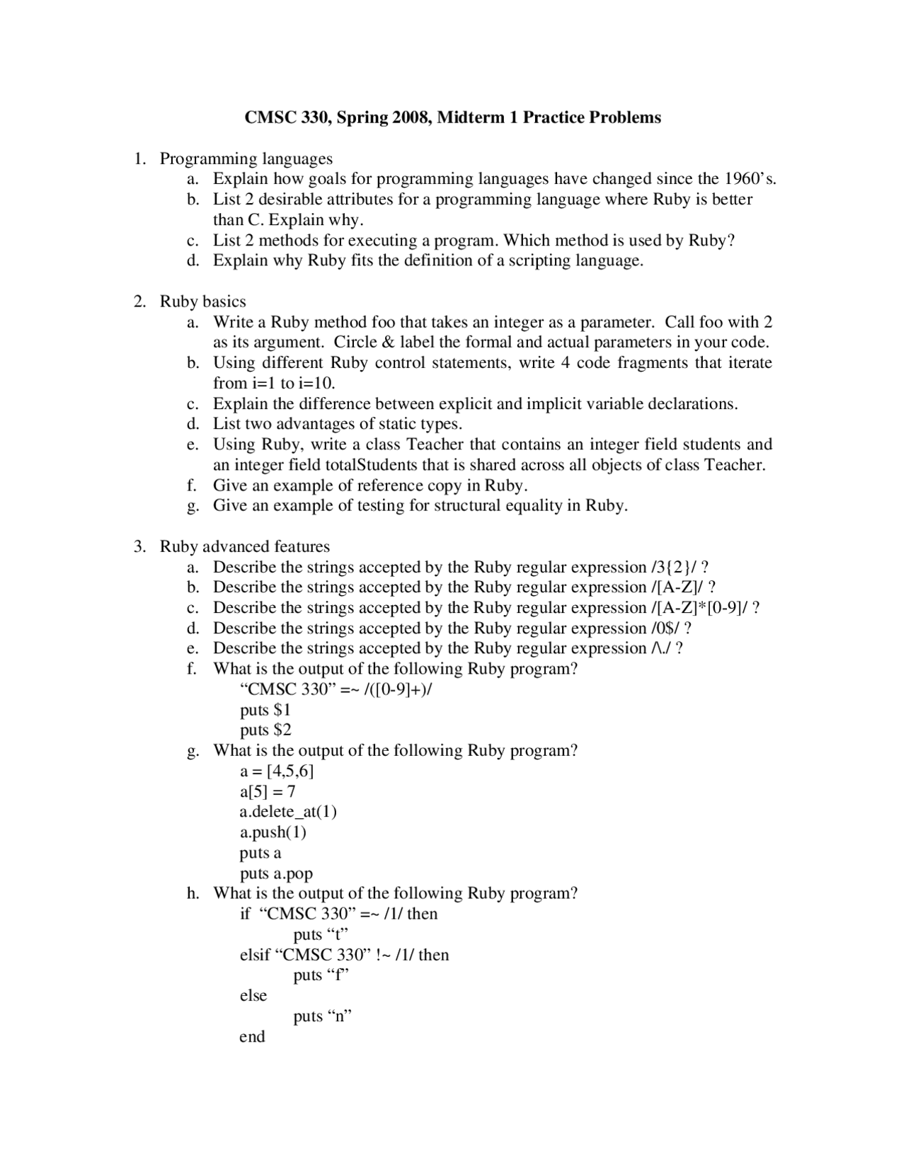 Midterm Exam 1 Sample Problems Organization Of Programming Languages Cmsc 330 Docsity