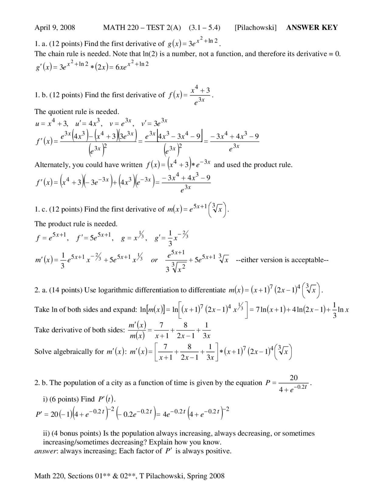 Test 2a With Answer Key Elementary Calculus I Math 220 Docsity