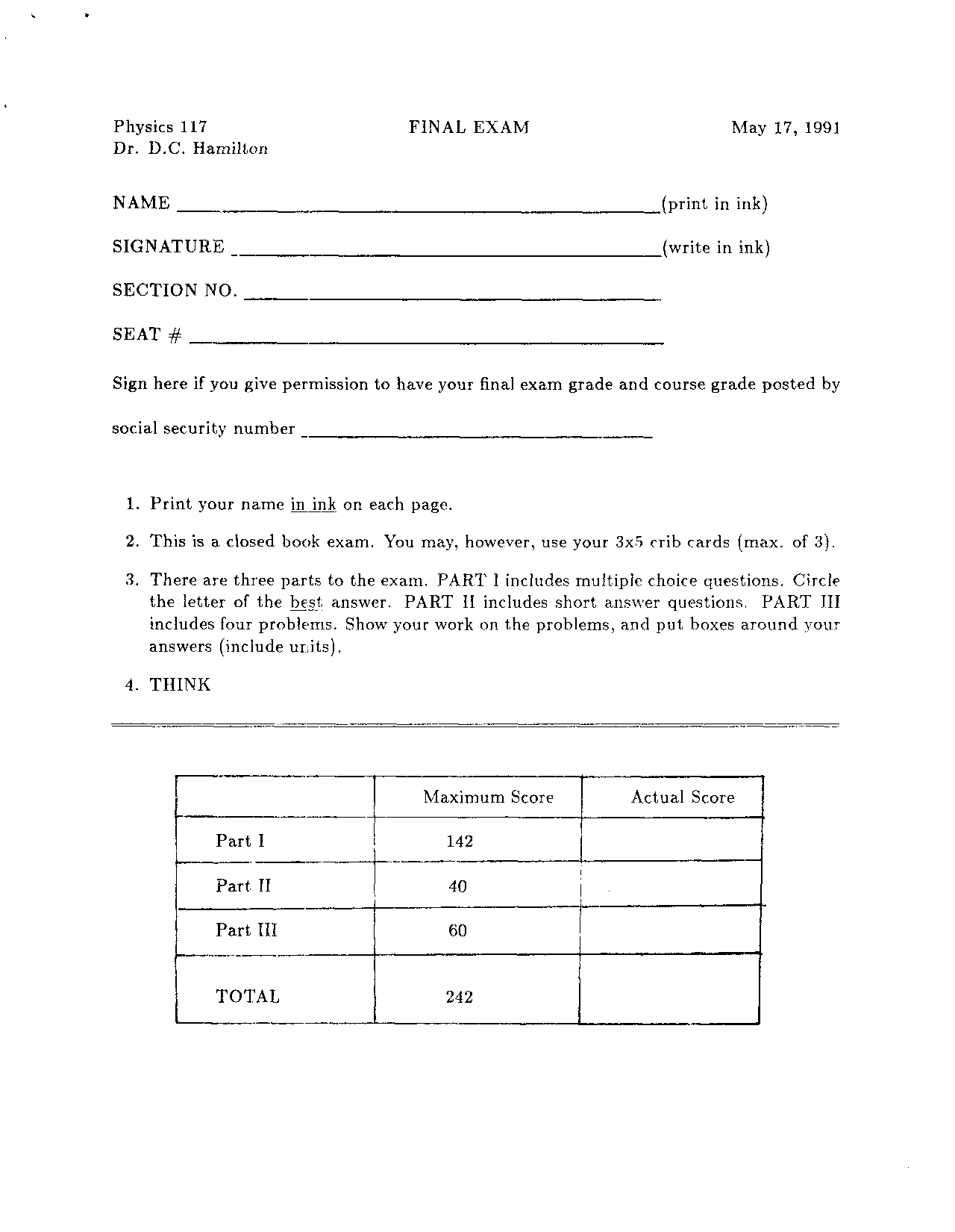 Final Exam Questions For Solution Introduction To Physics Phys 117