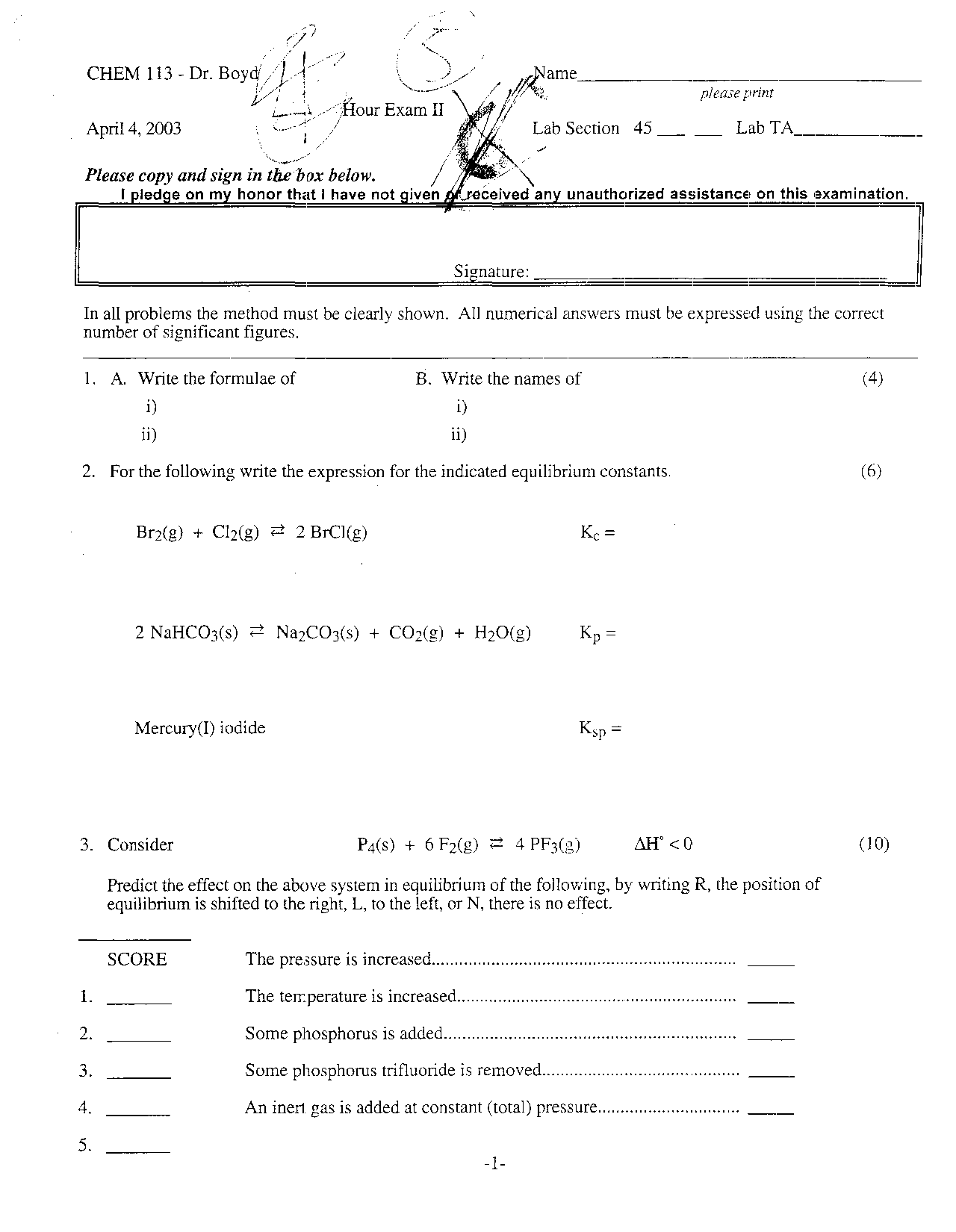 Exam 2 Question with Solution - General Chemistry Laboratory for ...