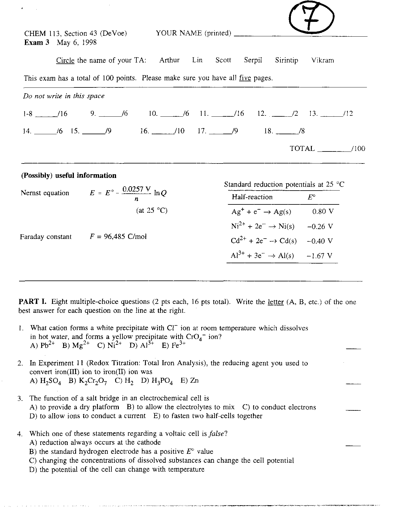 Exam 3 With 18 Questions Chemistry Fundamentals Ii Chem 271 Docsity