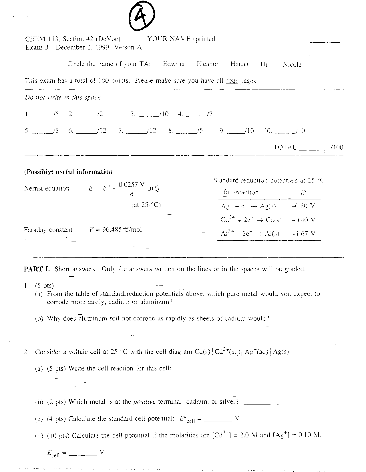 Exam 3b Version A With 10 Questions Chemistry Fundamentals Ii Chem