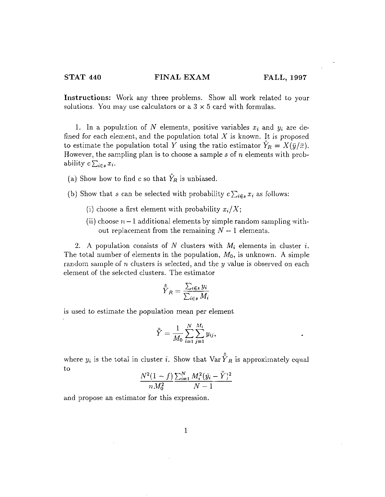 Final Exam Problems Sampling Theory Stat 440 Exams Survey