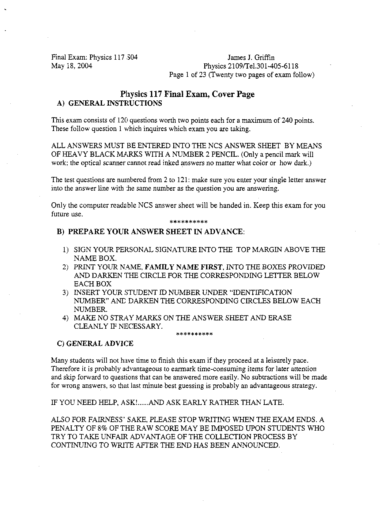 Final Exam Introduction To Physics Fall 2004 Phys 117 Docsity