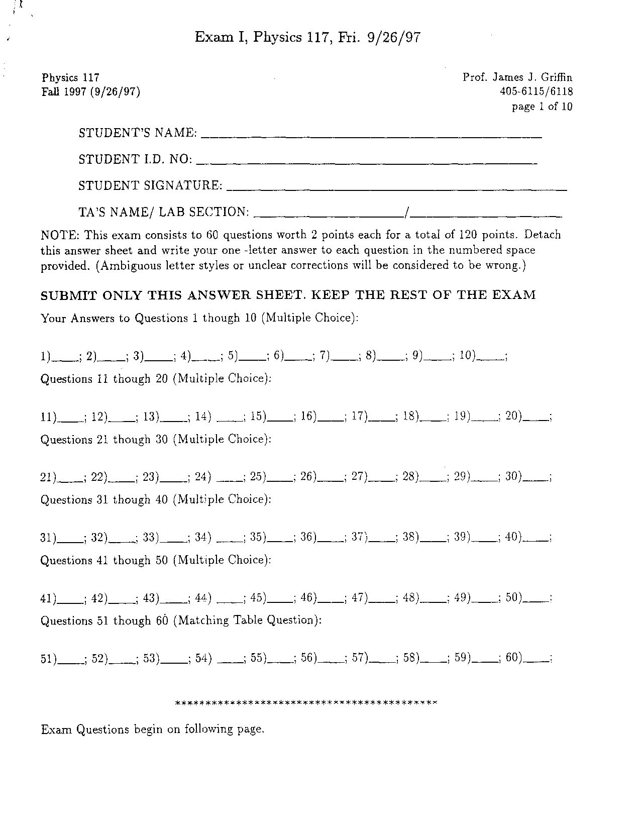 Exam 1 for Introduction to Physics - 1997 | PHYS 117 - Docsity