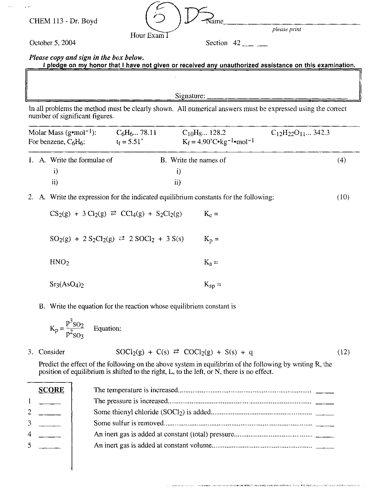 14 Questions of Chemistry Fundamental I - Exam 1 - Fall 2004 | CHEM 271 ...