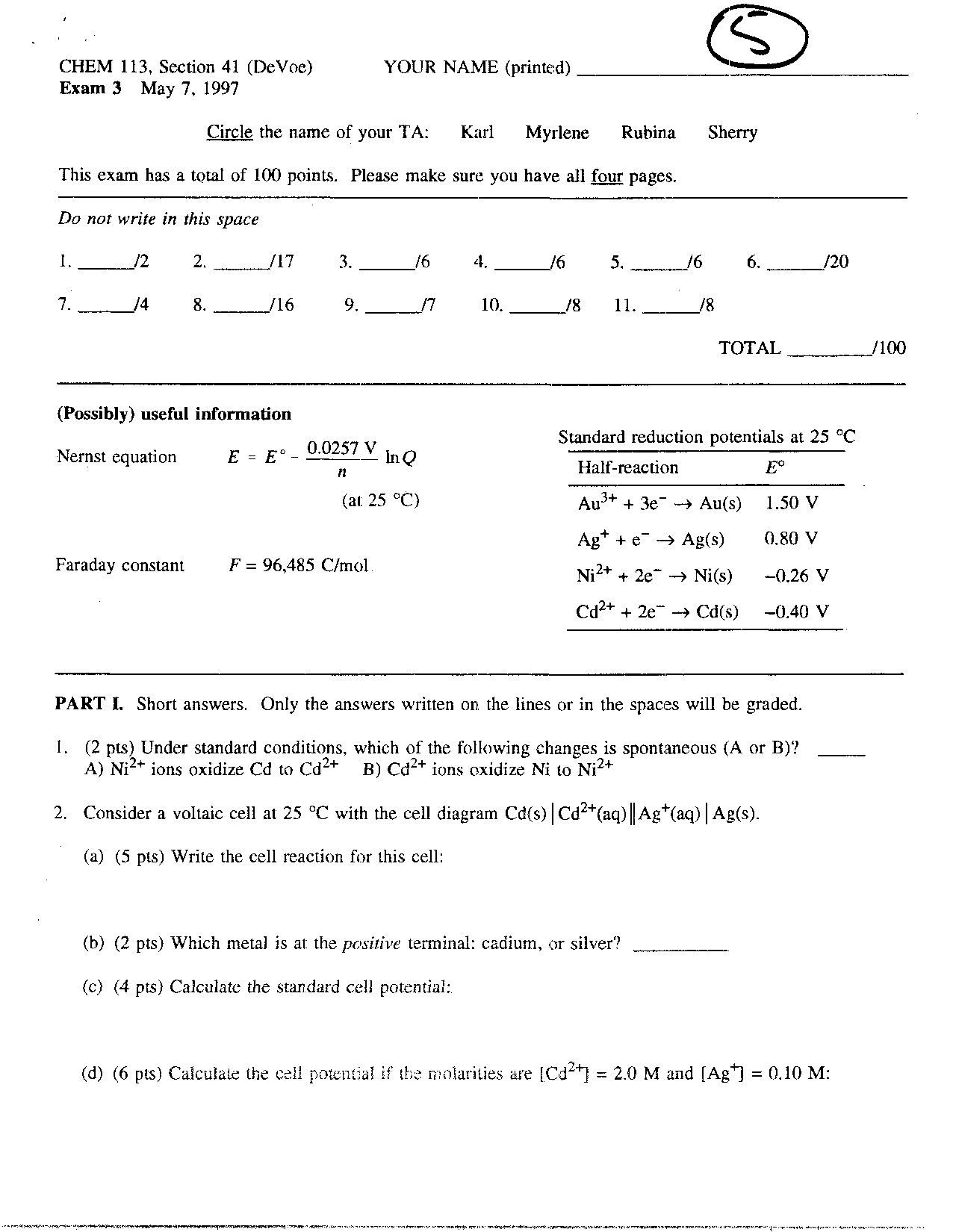 Exam 3 For Fundamentals Of Chemistry Ii Chem 271 Docsity