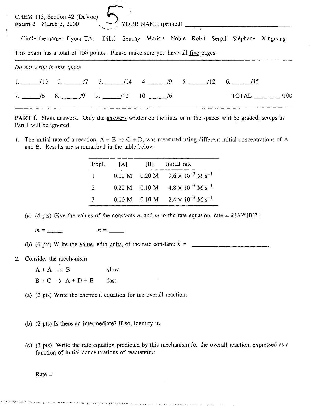 Exam 2 With 10 Questions Chemistry Fundamentals Ii Chem 271 Docsity