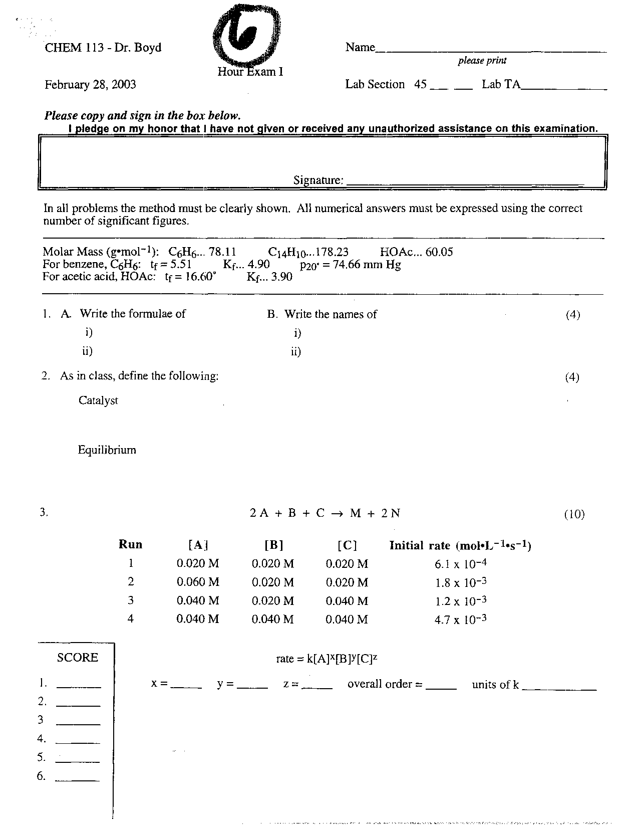 Problems For Chemistry Fundamentals Ii Past Exam 1 Chem 271 Docsity