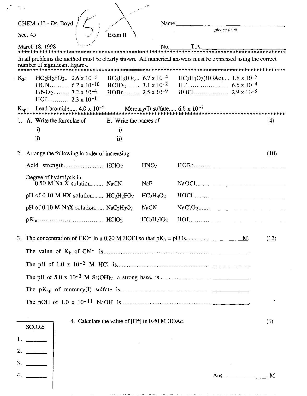 Exam 2 Question With Solution General Chemistry I Chem 113 Docsity