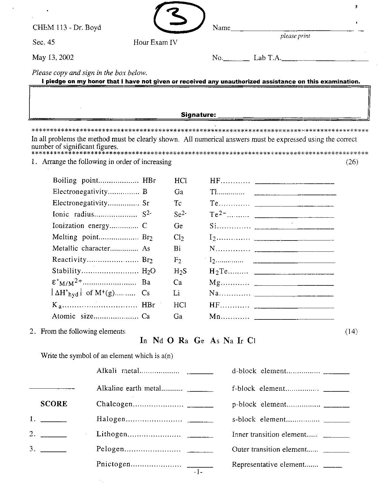 Midterm Exam 4 Problems Chemistry Fundamentals Ii Chem 271 Docsity