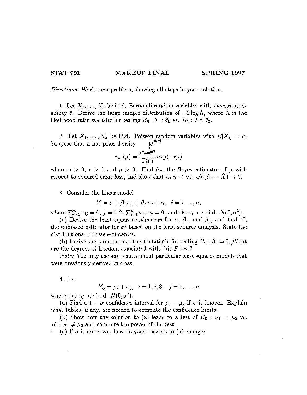 Makeup Final Exam on Mathematics Statistics II - Spring 1997 | STAT 701 - Docsity