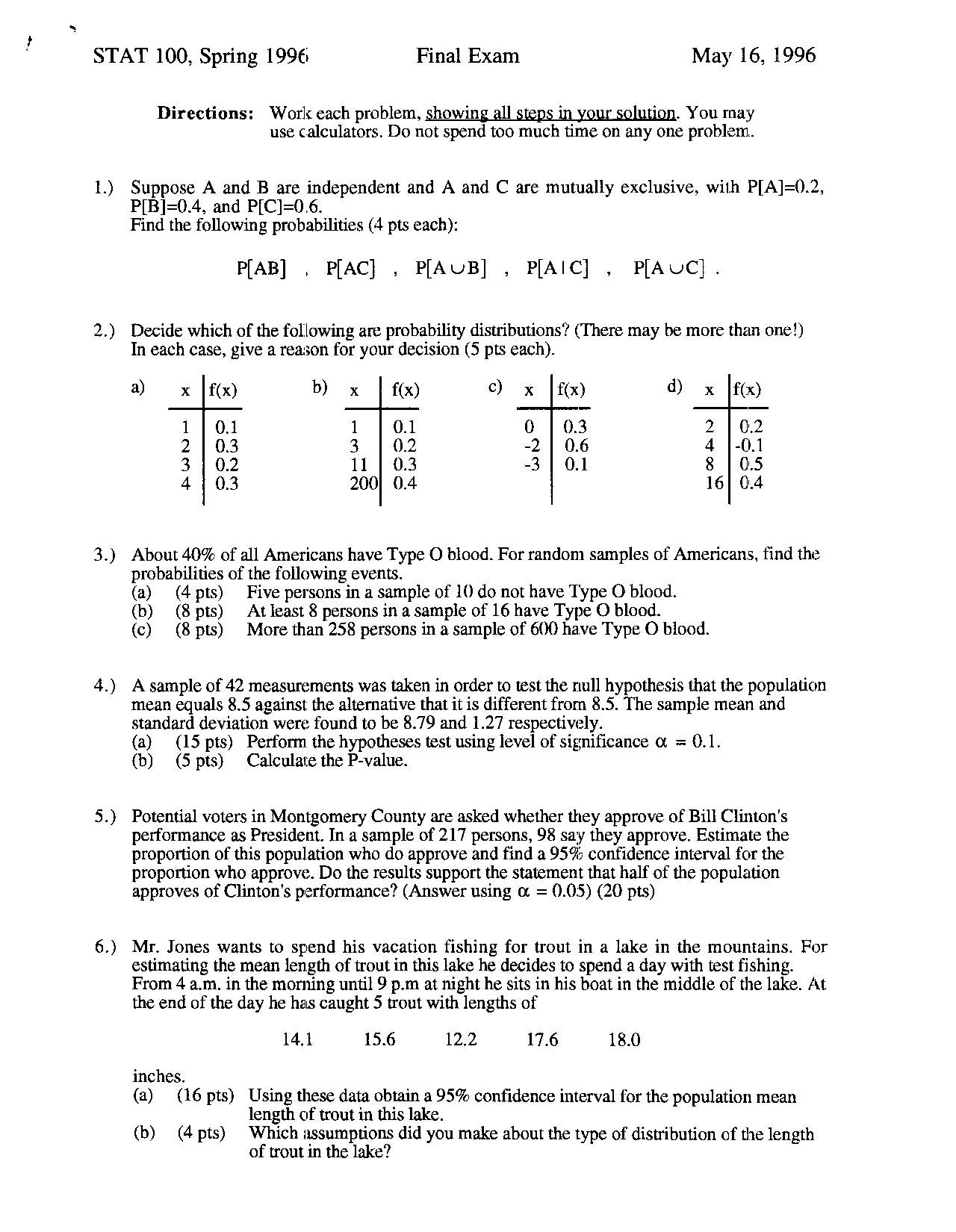 Final Exam for Elementary Statistics and Probability | STAT 100 - Docsity
