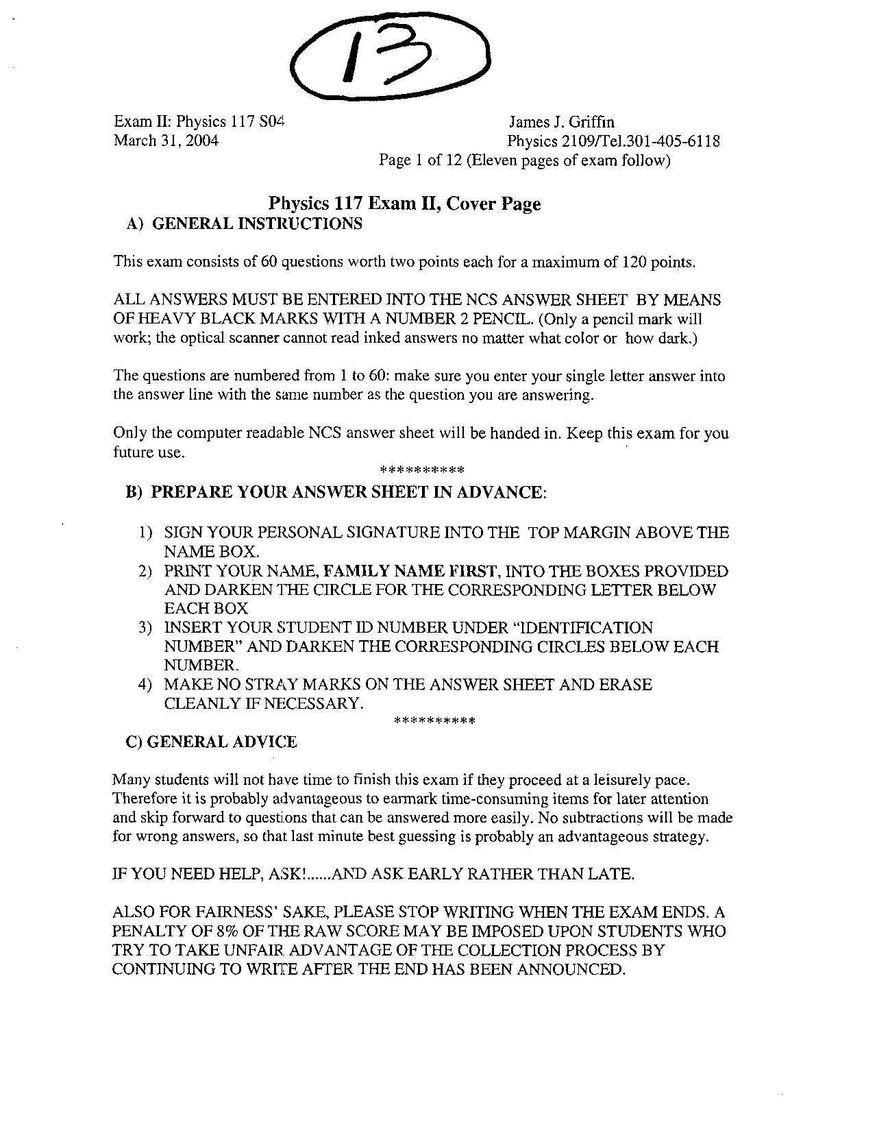 Exam 2 General Instruction Introduction To Physics Phys 117 Docsity