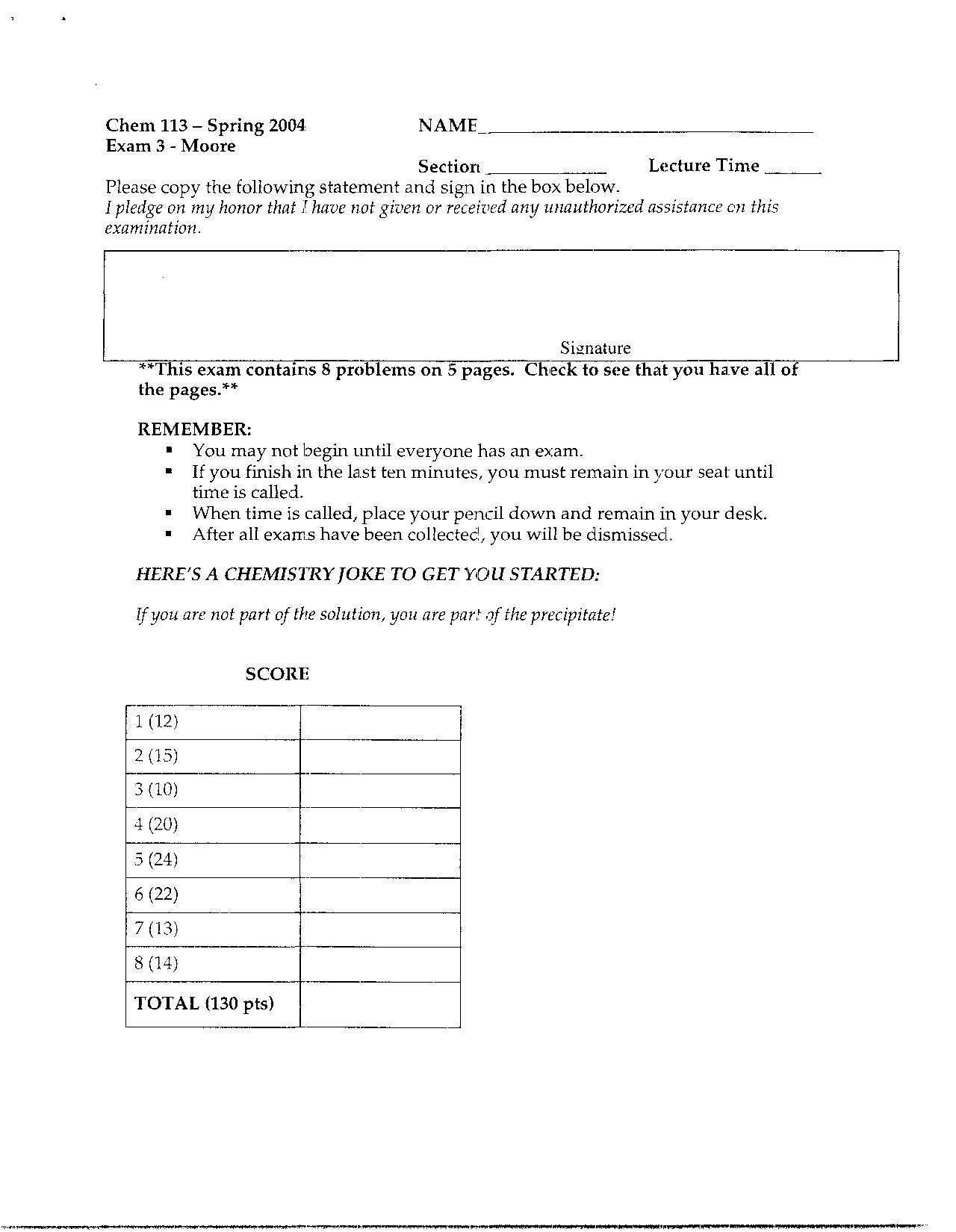 Exam 3 for General Chemistry Laboratory for Engineers | CHEM 113 - Docsity