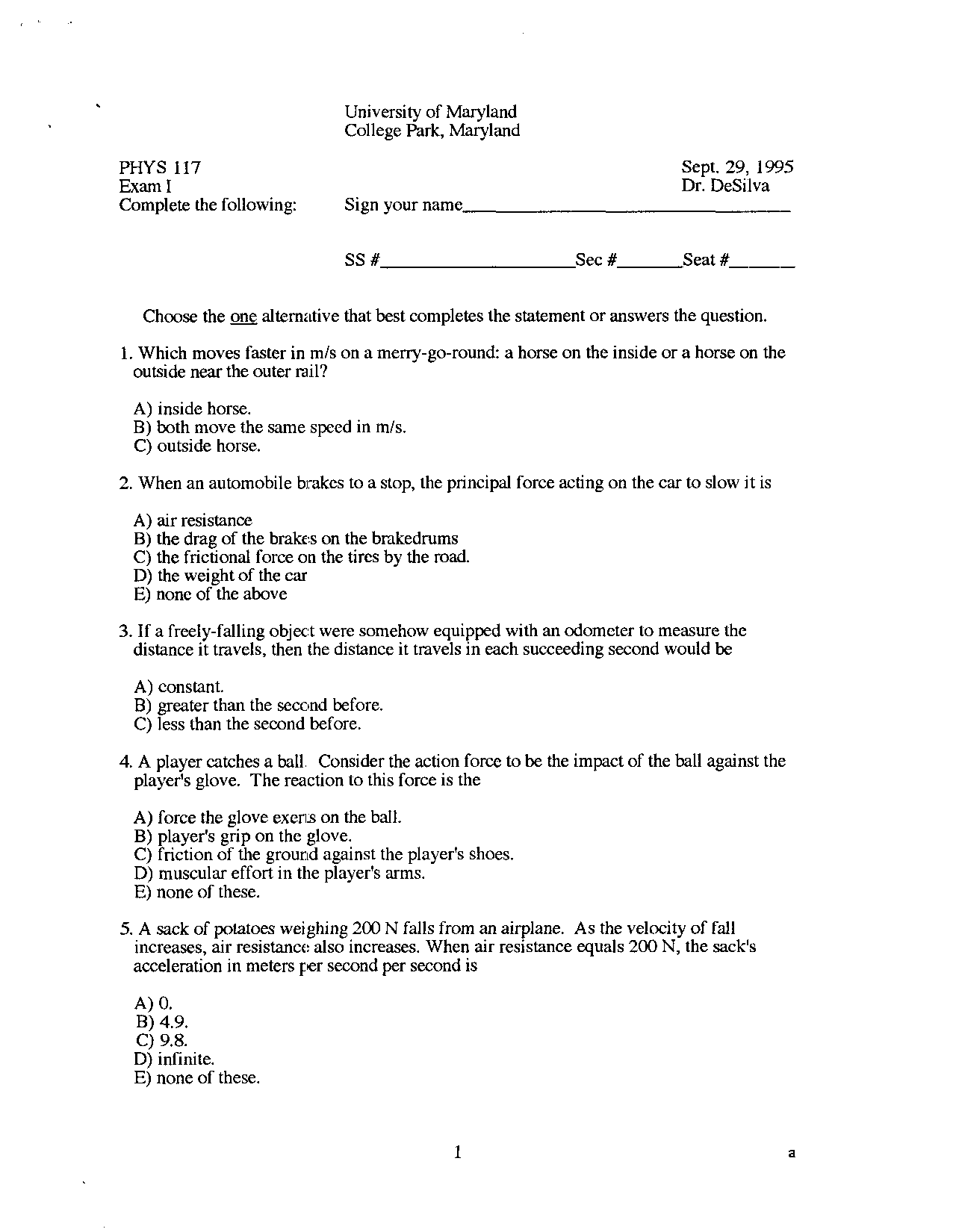 Questions In Exam 1 Introduction To Physics Phys 117 Docsity