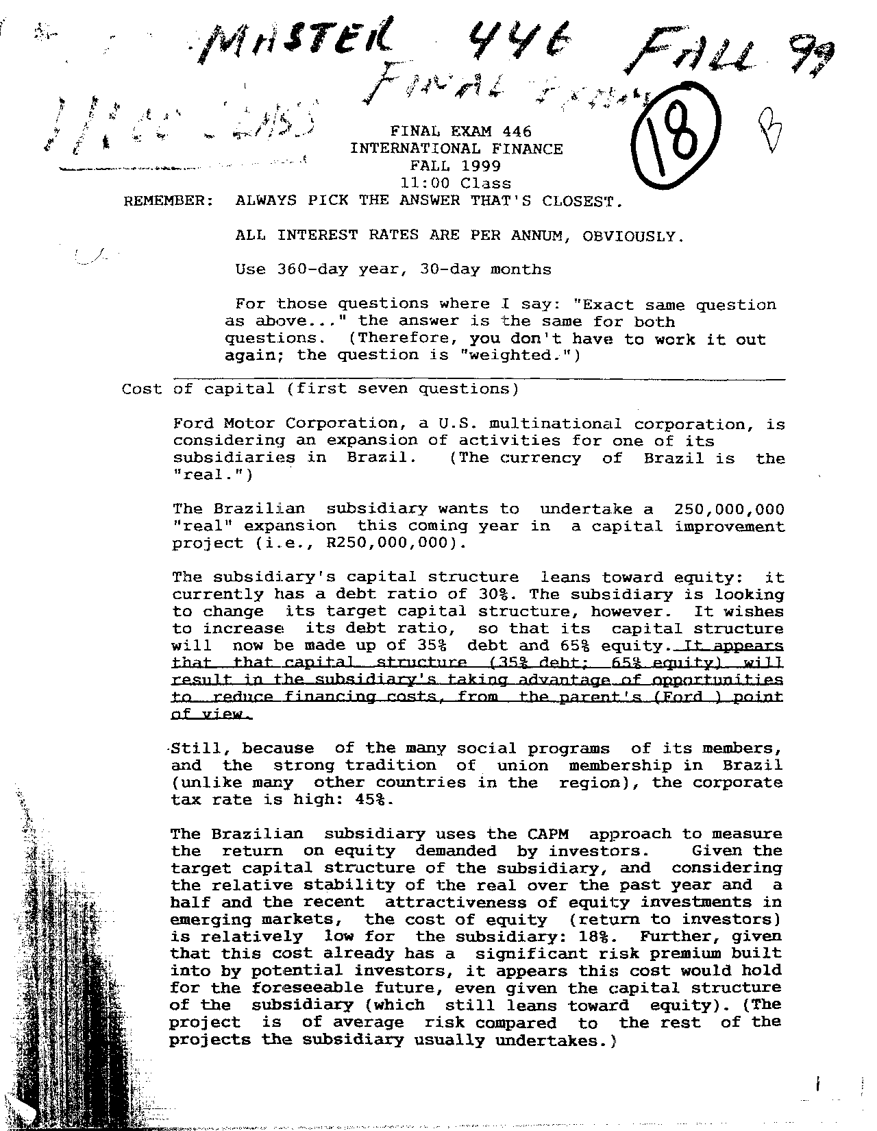 Final Exam With Solution International Finance Fall 1999 Bmgt 446