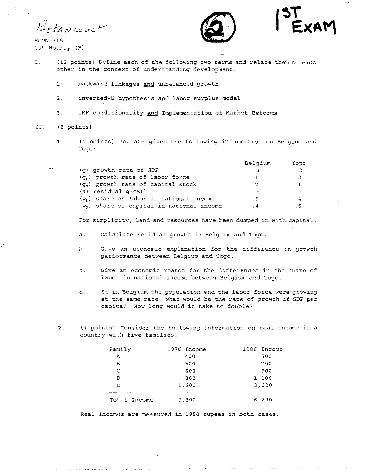 Exam 1 Questions Economic Development In Underdeveloped Areas Econ
