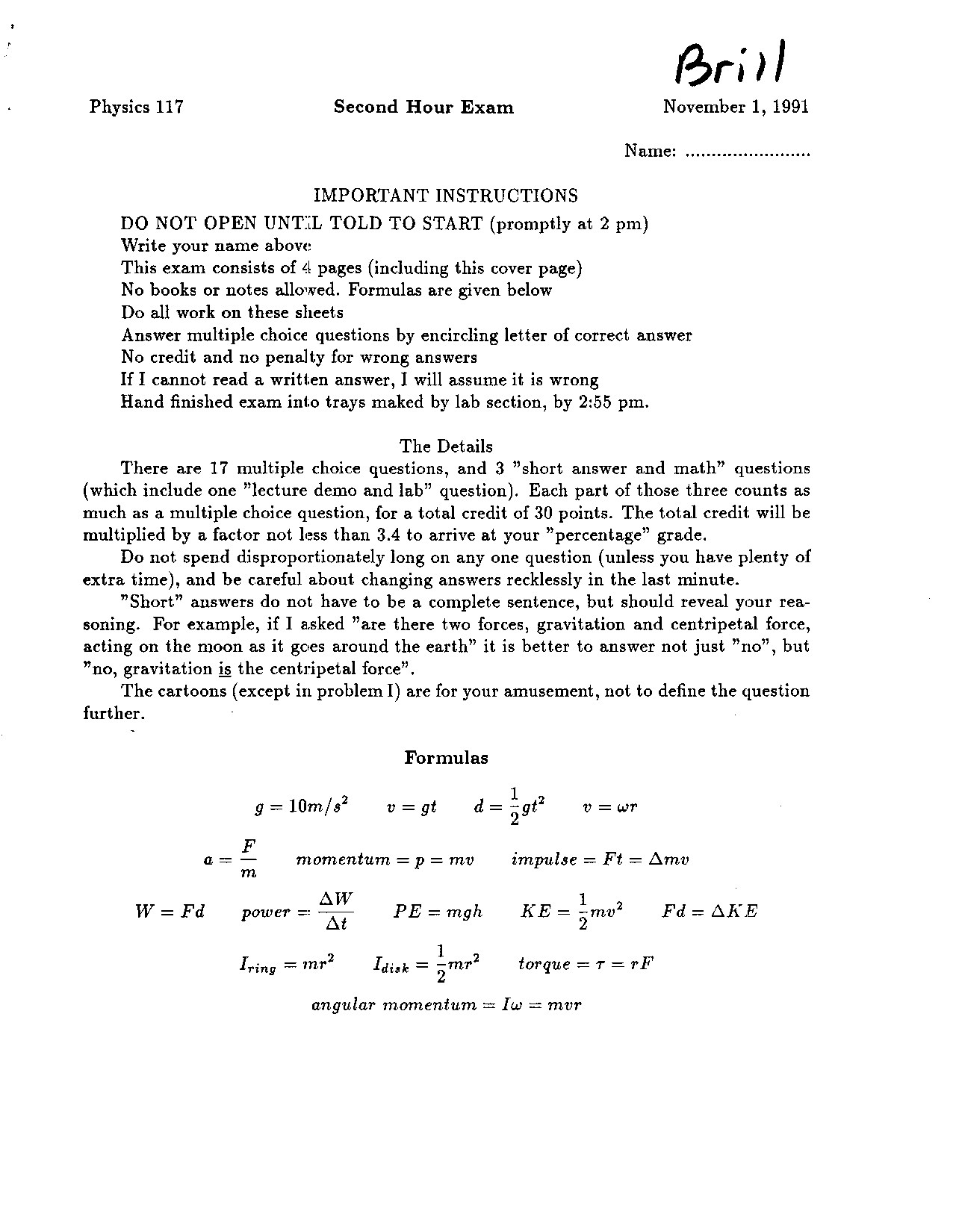 Second Exam With Multiple Choice Questions Introduction To Physics