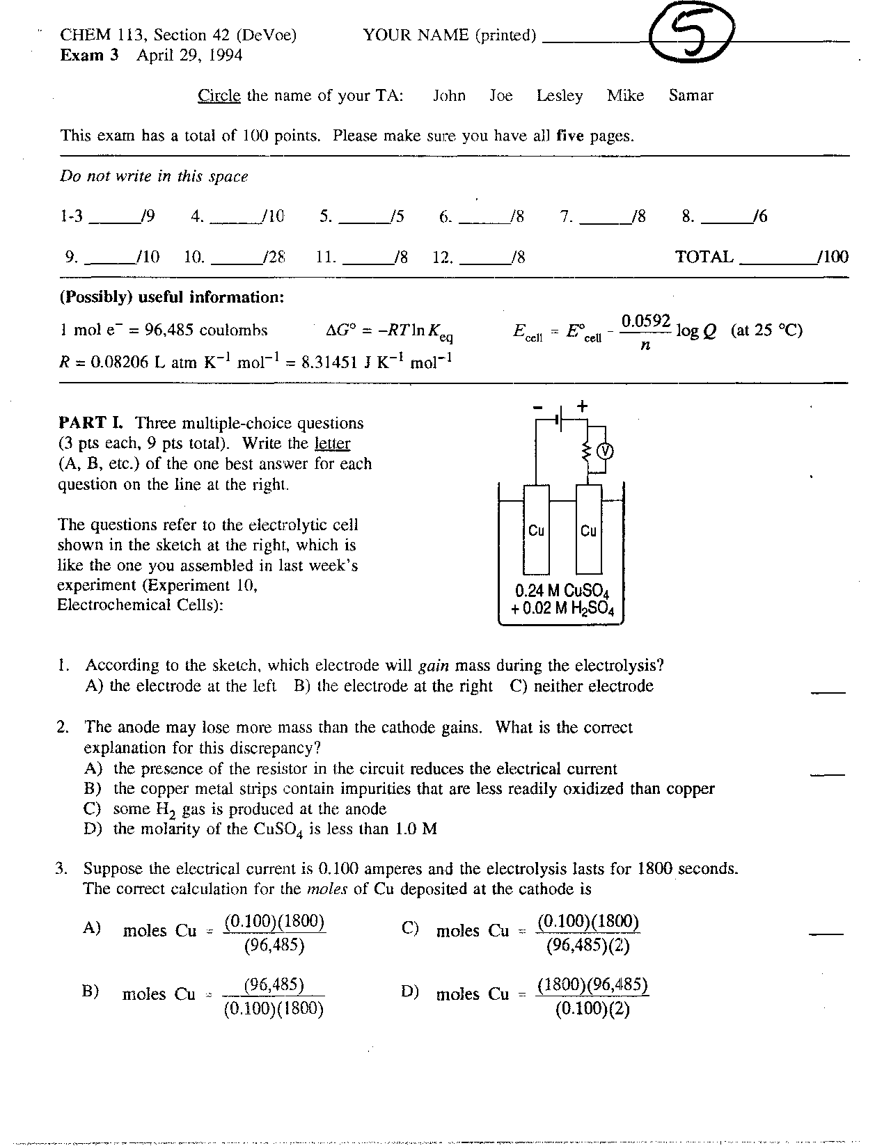 Exam 3 With 12 Questions General Chemistry Laboratory For Engineers I