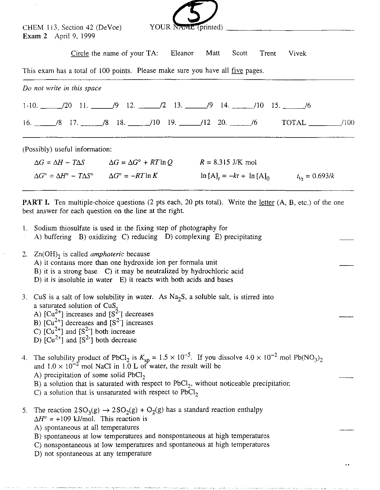 Practice Exam - Chemistry Fundamentals II | CHEM 271 - Docsity