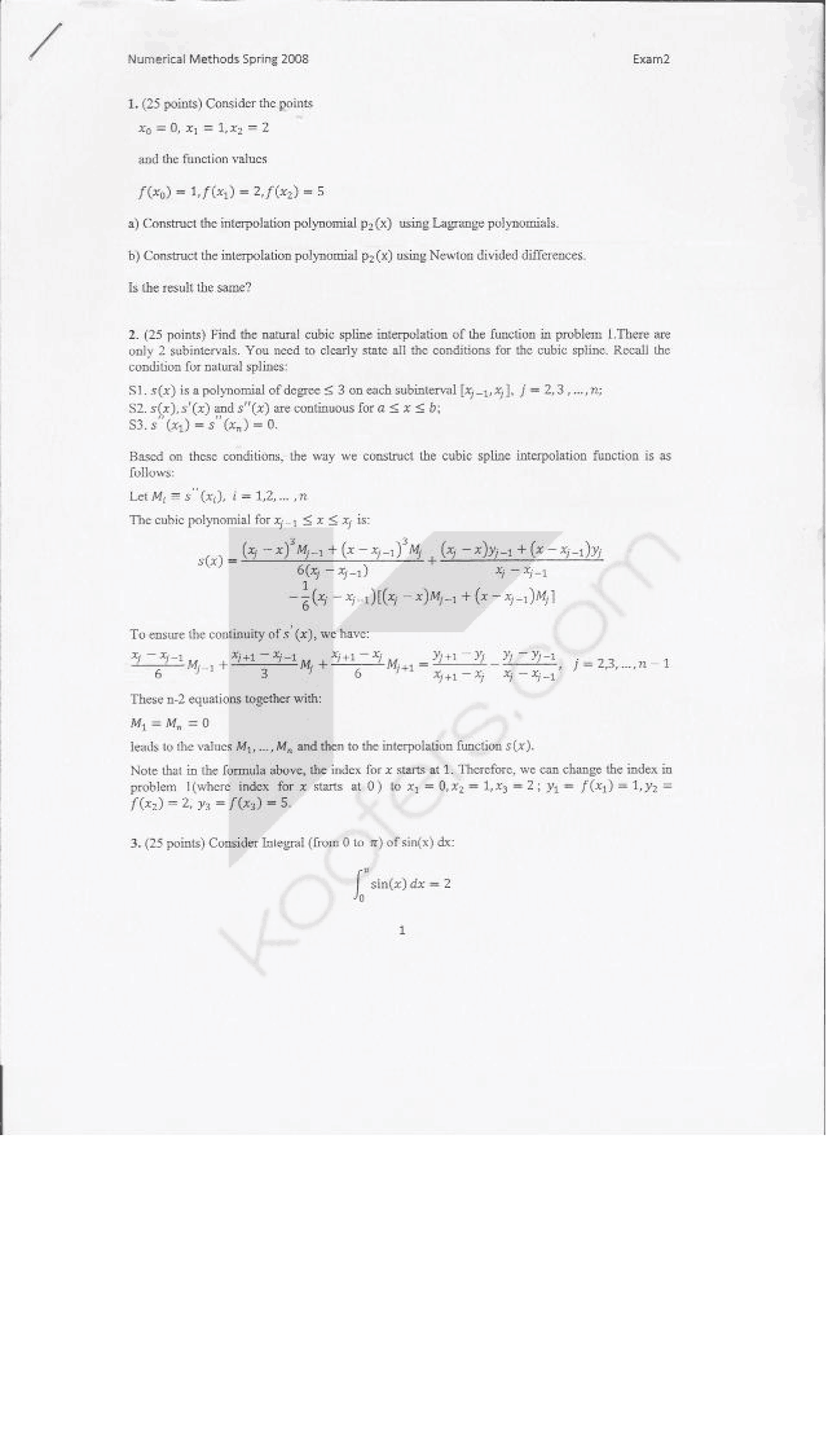 Exam 2 With Answer Key Numerical Methods Cs 3414 Docsity
