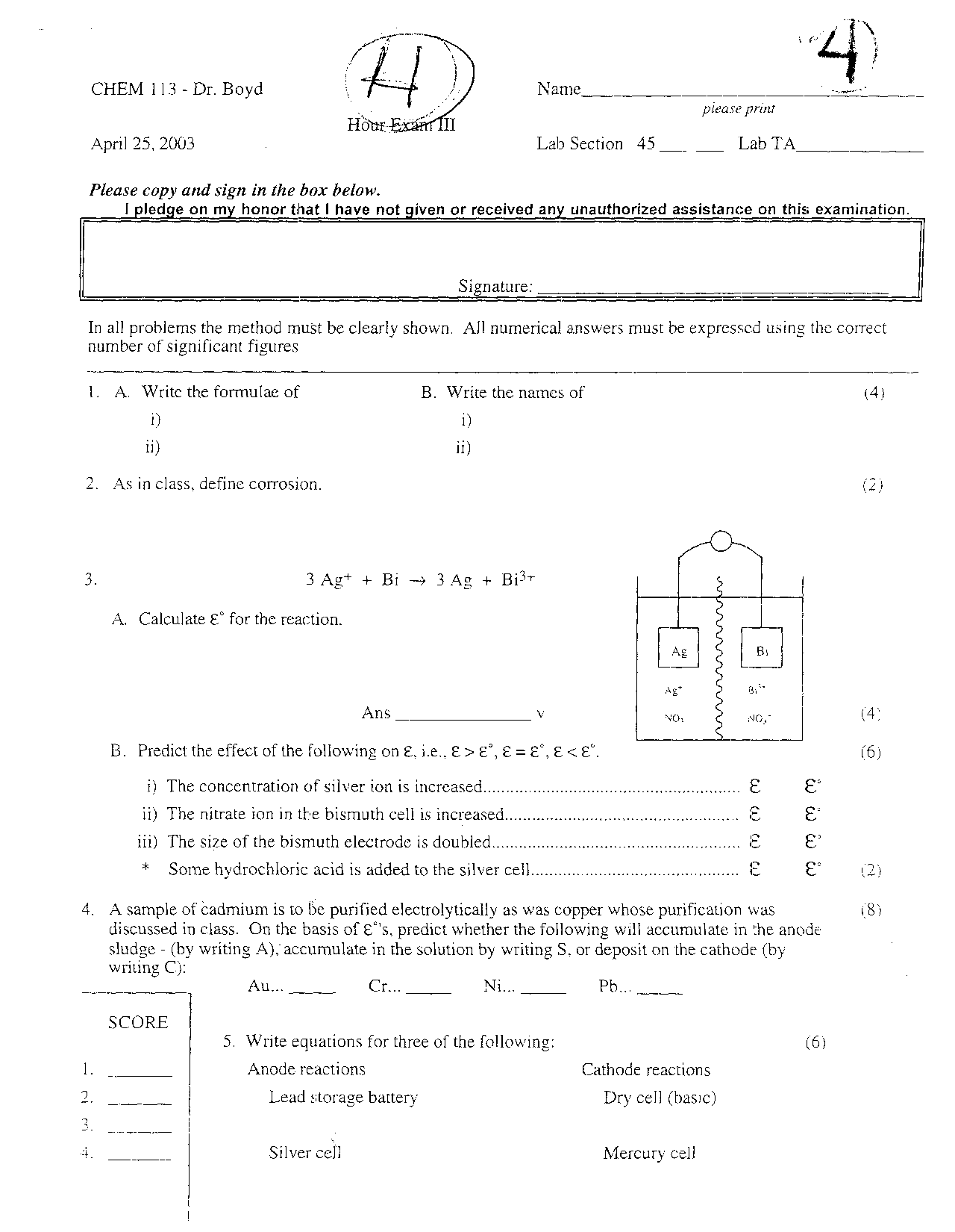 Exam 3 with 10 Questions - Chemistry Fundamentals II - 2003 | CHEM 271 ...