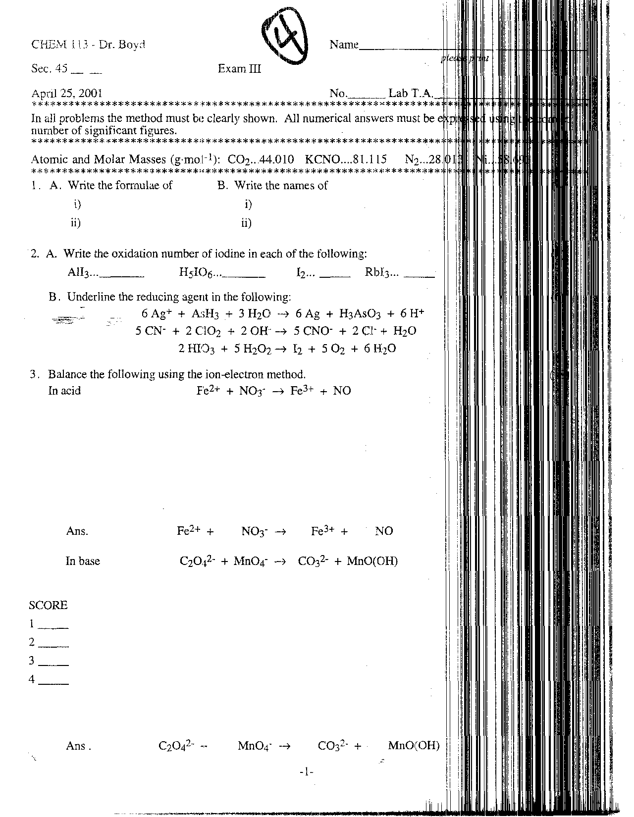 Exam 3 With 11 Questions Chemistry Fundamentals Ii 2001 Chem 271