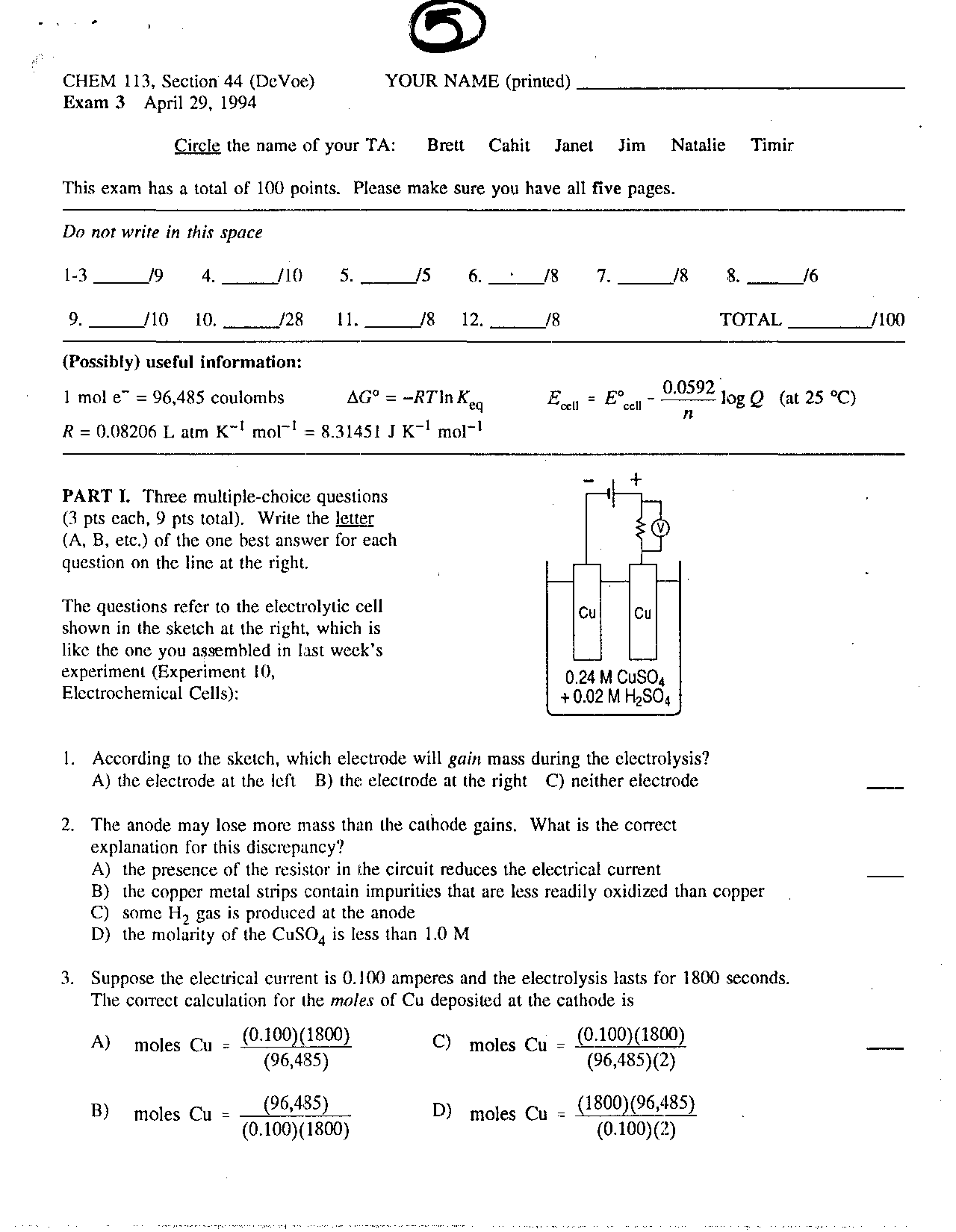 Fundamentals of Chemistry II - Exam 3 | CHEM 271 - Docsity