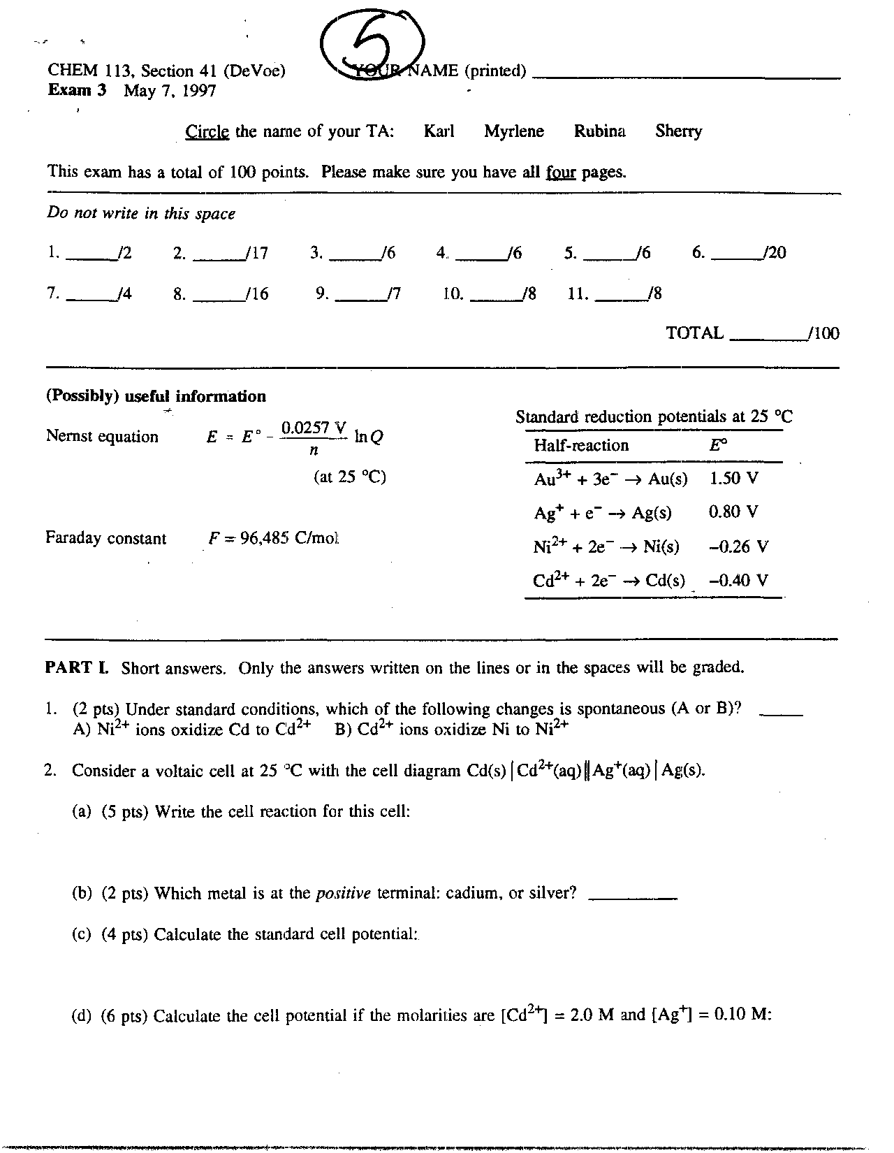 Fundamentals of Chemistry I - Exam 3 | CHEM 271 - Docsity