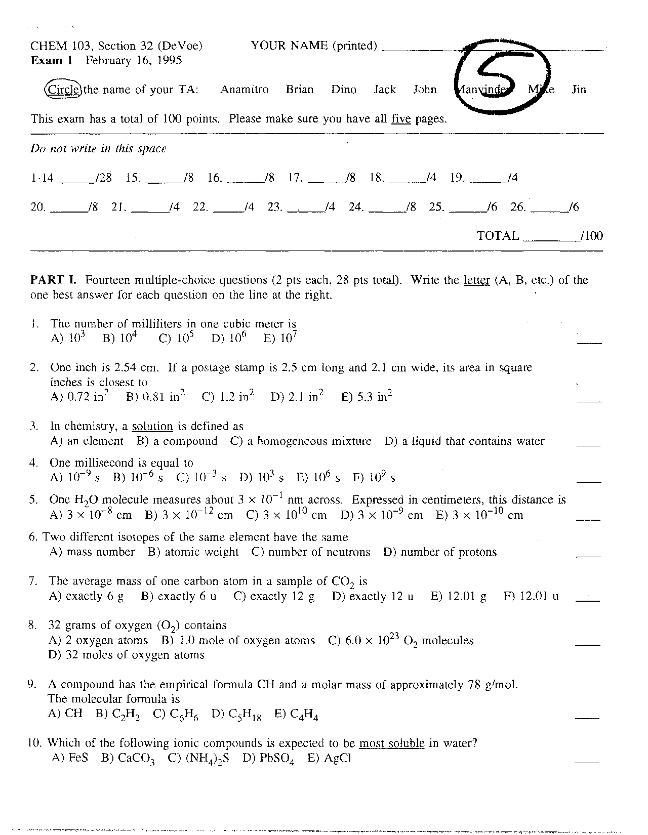 Exam 3 with Unsolved Problems - General Chemistry Laboratory for ...