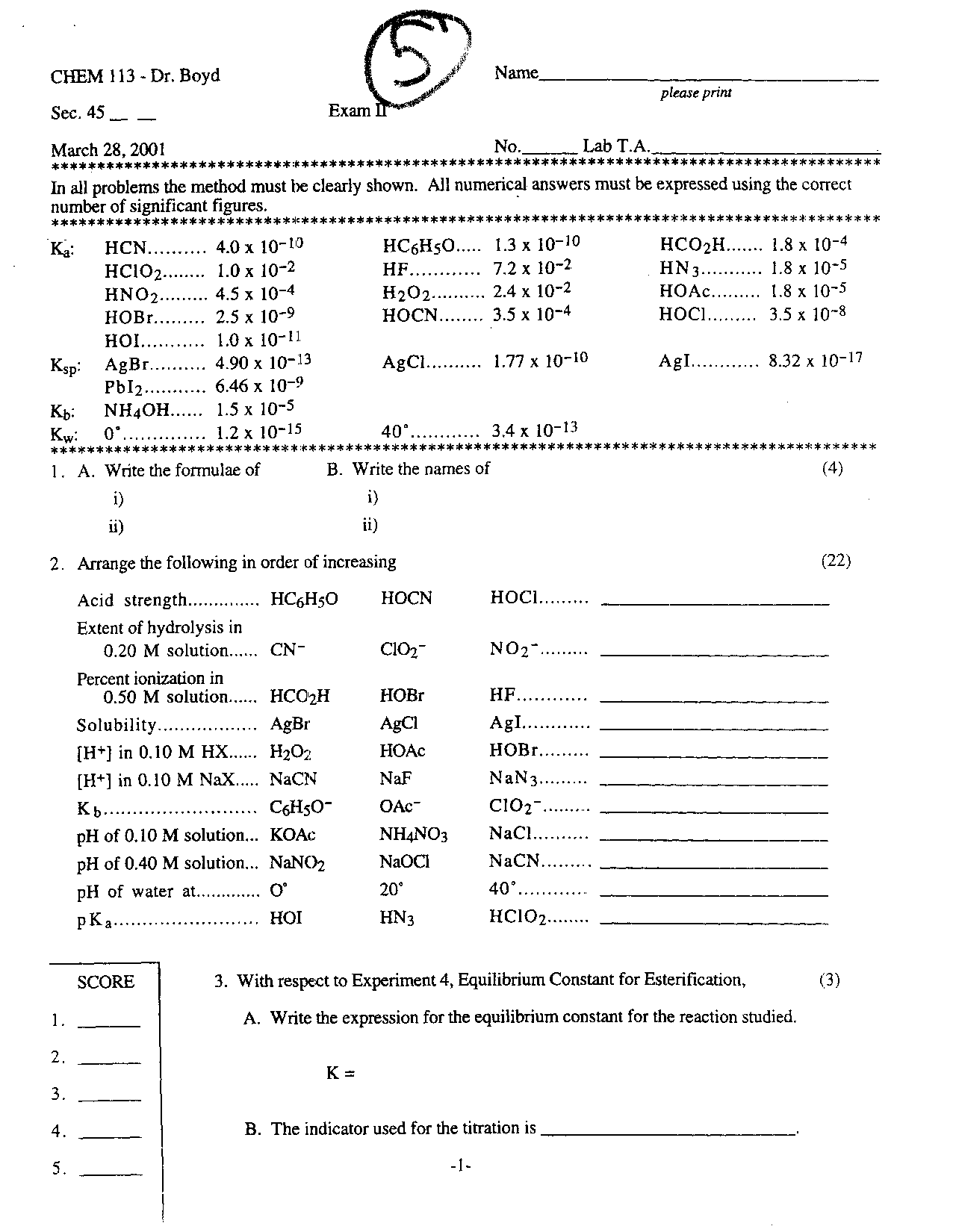 Sample Exam 2 Questions - Chemistry Fundamentals II | CHEM 271 - Docsity