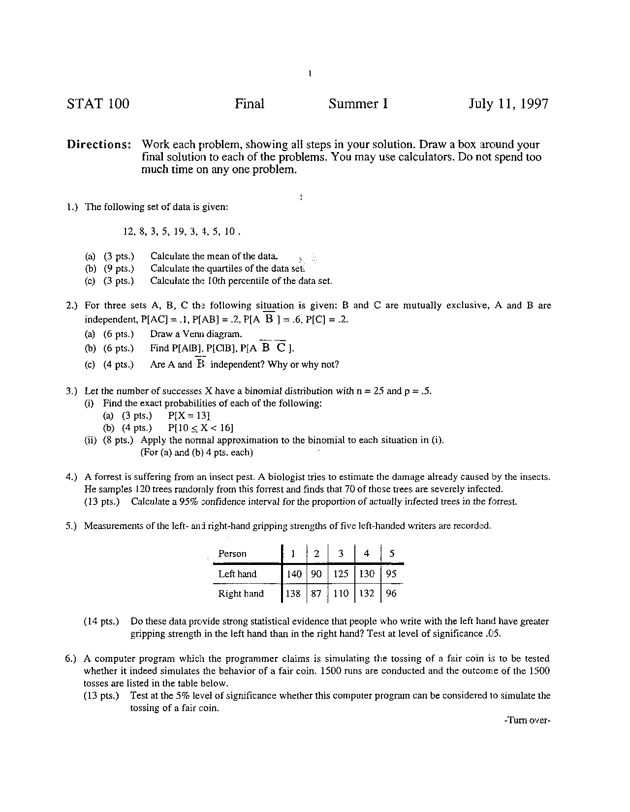 Old Final Exam - Elementary Statistics and Probability | STAT 100 ...