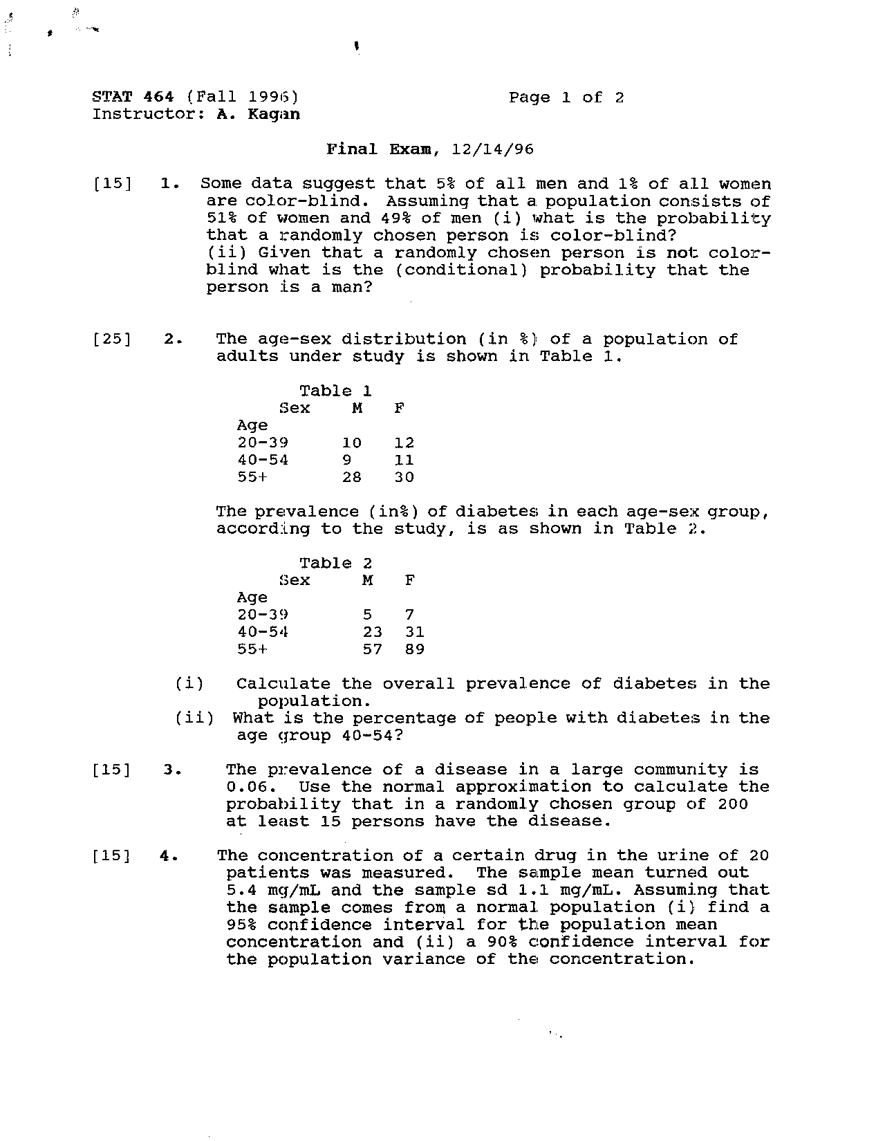 Final Exam With 6 Questions Biostatistics Stat 464 Docsity