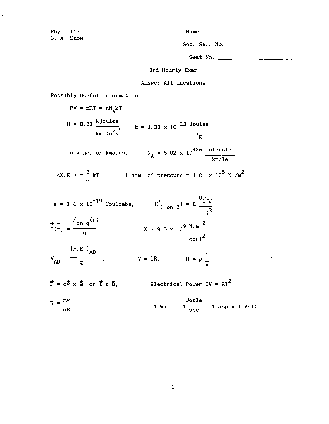 Exam 3 With Answer Key Introduction To Physics Phys 117 Docsity